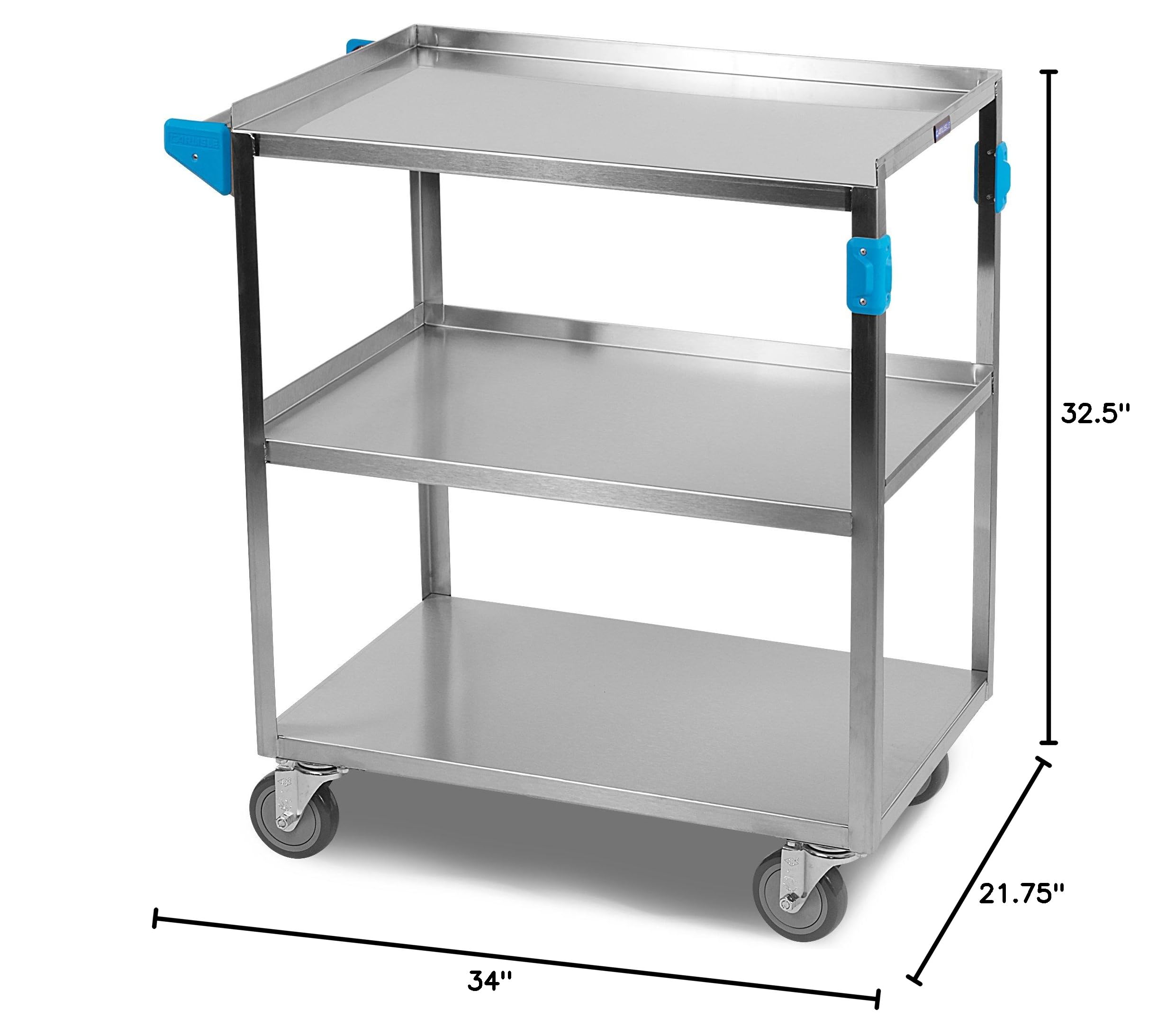 Carlisle FoodService Products Stainless Steel 3 Shelf Utility Cart, 18" x 17", Silver