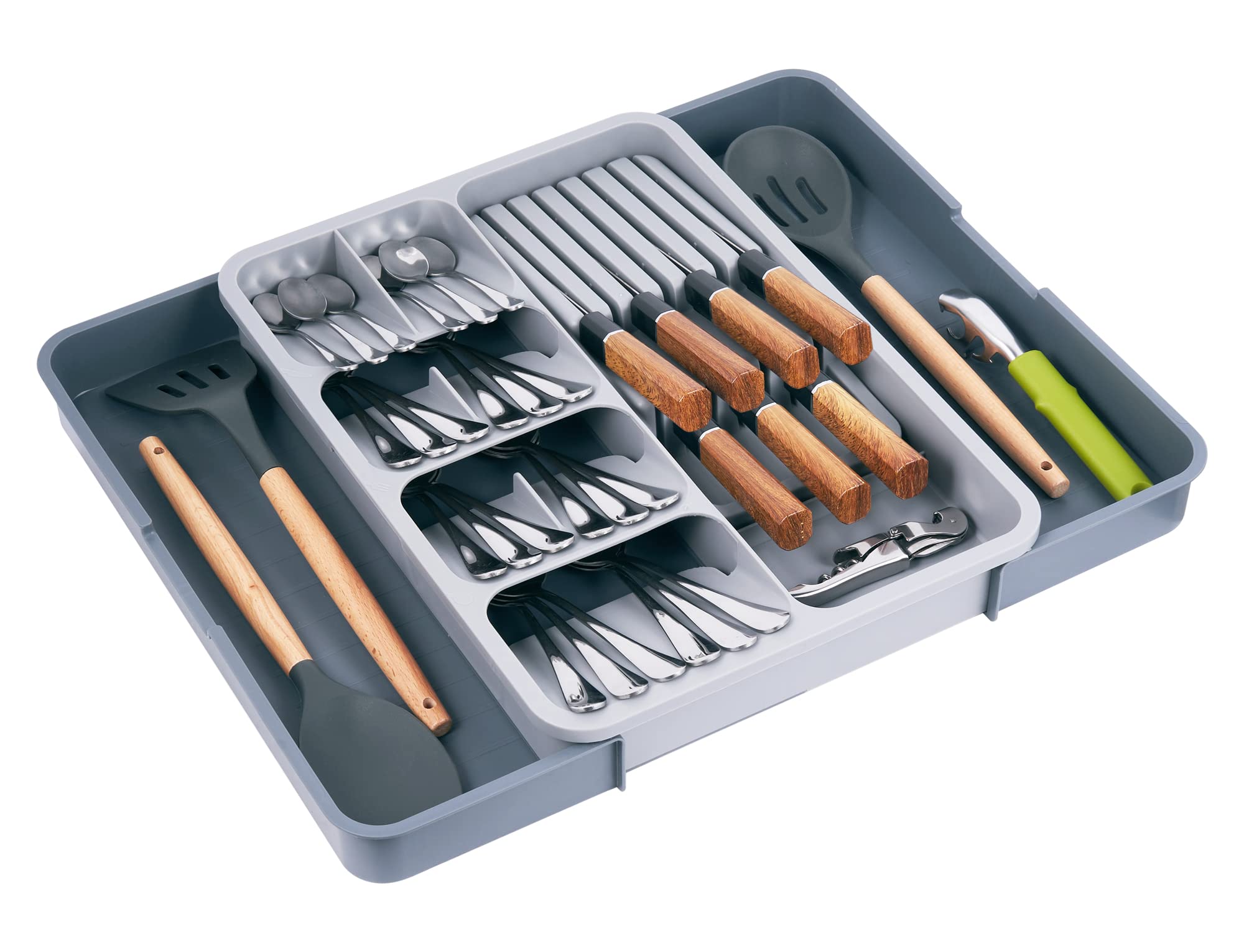 SOMIER Kitchen Utensil Drawer Organizer, Removable 2-Tier Knife Holder, Expandable Cutlery Tray for Silverware, Flatware and Utensils, Large Kitchen Drawer Dividers for Spoons, Forks, Knives, Gray
