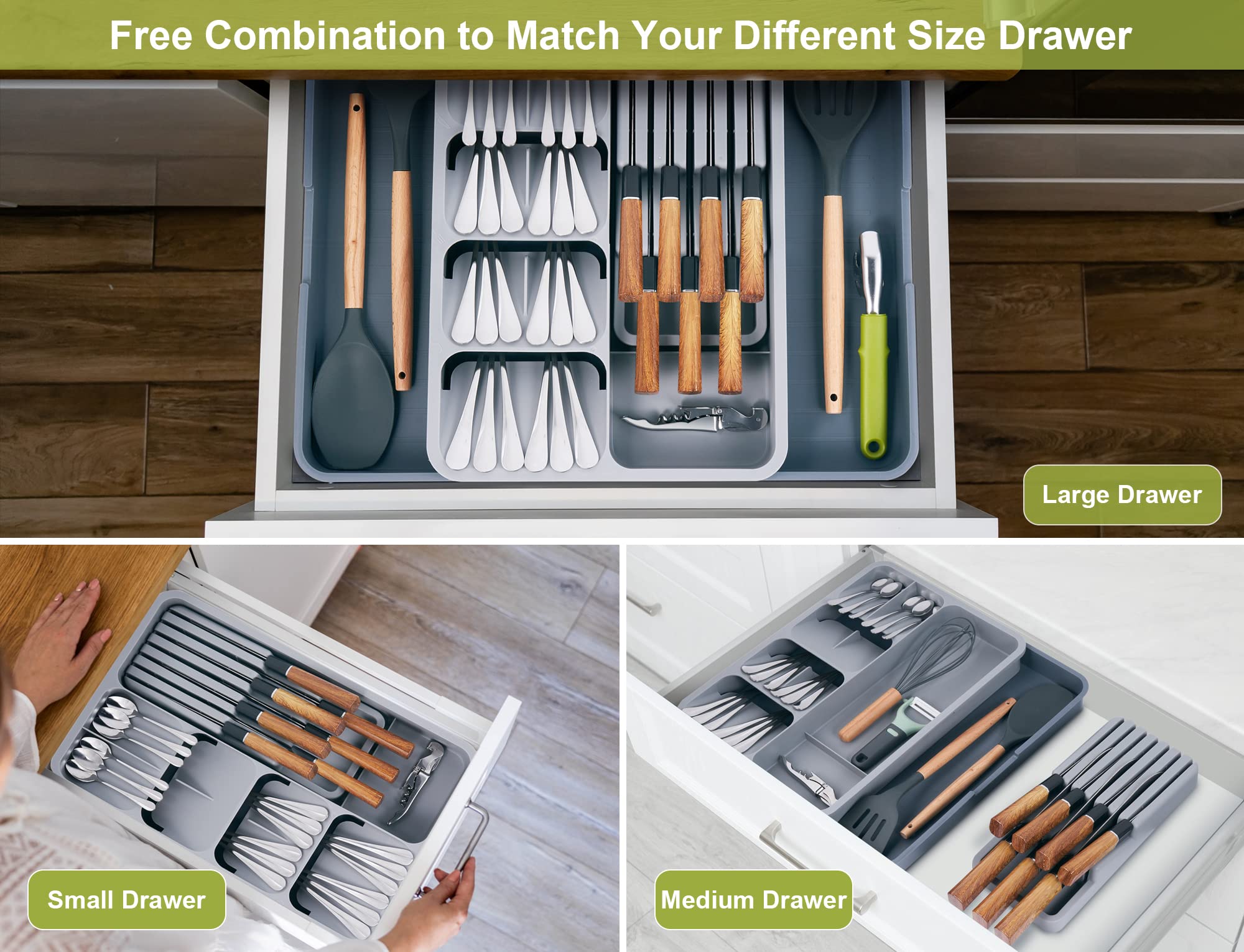 SOMIER Kitchen Utensil Drawer Organizer, Removable 2-Tier Knife Holder, Expandable Cutlery Tray for Silverware, Flatware and Utensils, Large Kitchen Drawer Dividers for Spoons, Forks, Knives, Gray