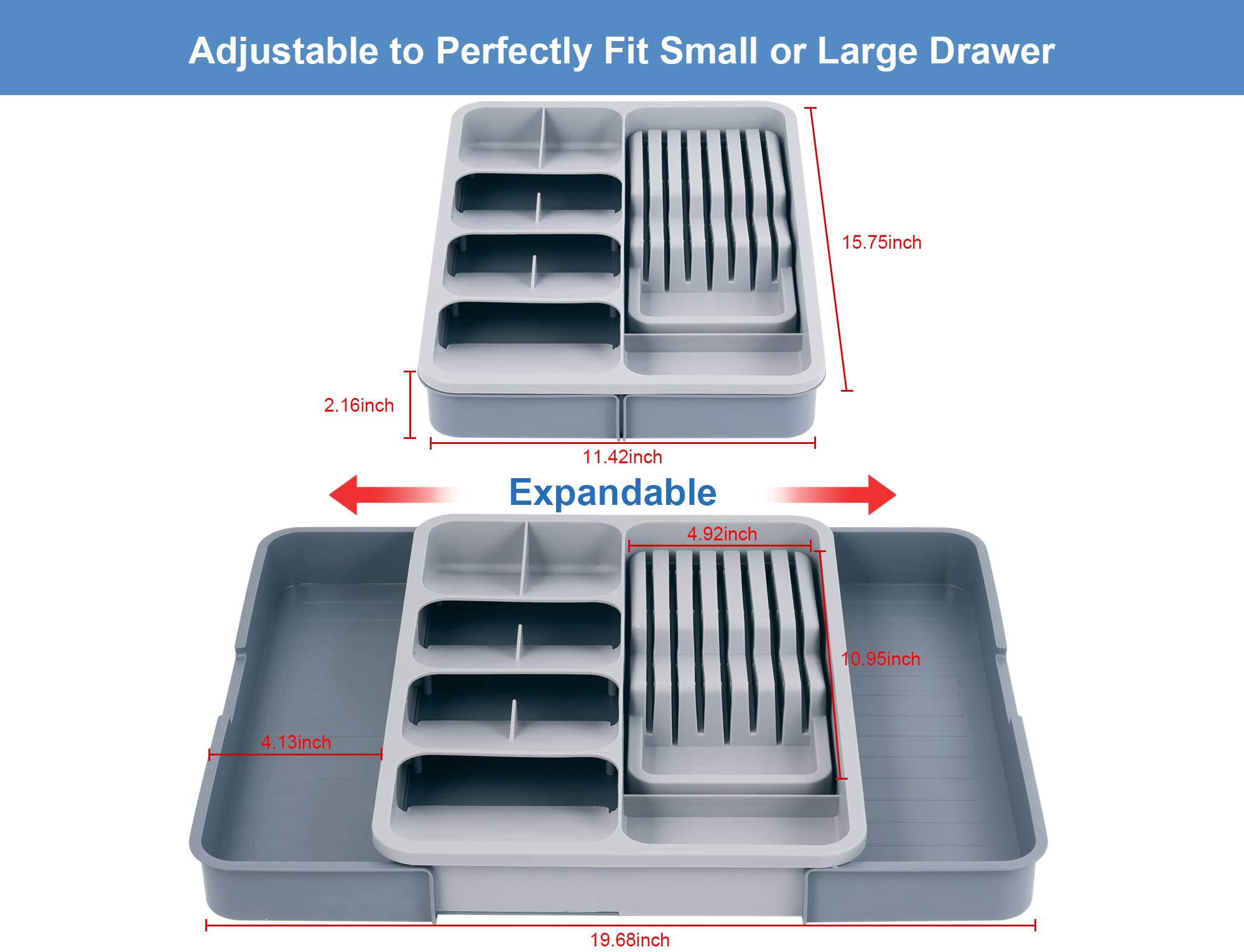 SOMIER Kitchen Utensil Drawer Organizer, Removable 2-Tier Knife Holder, Expandable Cutlery Tray for Silverware, Flatware and Utensils, Large Kitchen Drawer Dividers for Spoons, Forks, Knives, Gray