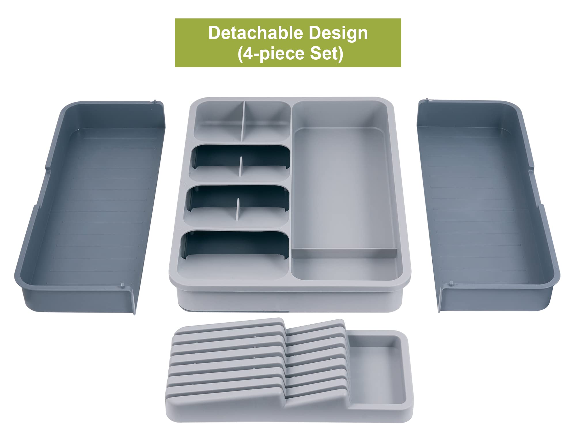 SOMIER Kitchen Utensil Drawer Organizer, Removable 2-Tier Knife Holder, Expandable Cutlery Tray for Silverware, Flatware and Utensils, Large Kitchen Drawer Dividers for Spoons, Forks, Knives, Gray