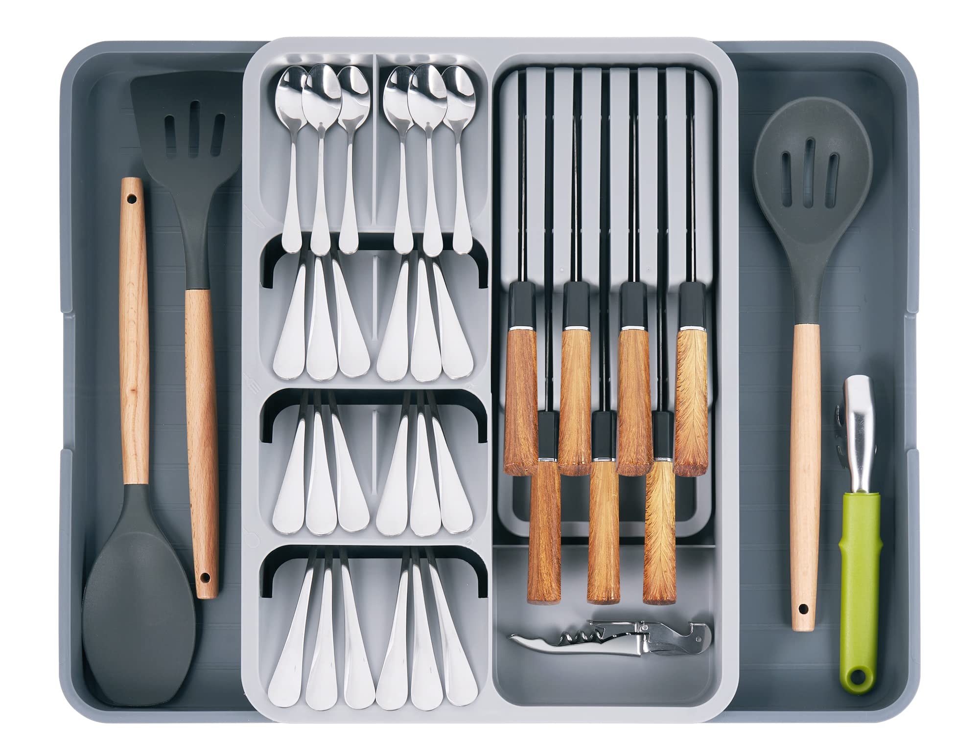 SOMIER Kitchen Utensil Drawer Organizer, Removable 2-Tier Knife Holder, Expandable Cutlery Tray for Silverware, Flatware and Utensils, Large Kitchen Drawer Dividers for Spoons, Forks, Knives, Gray