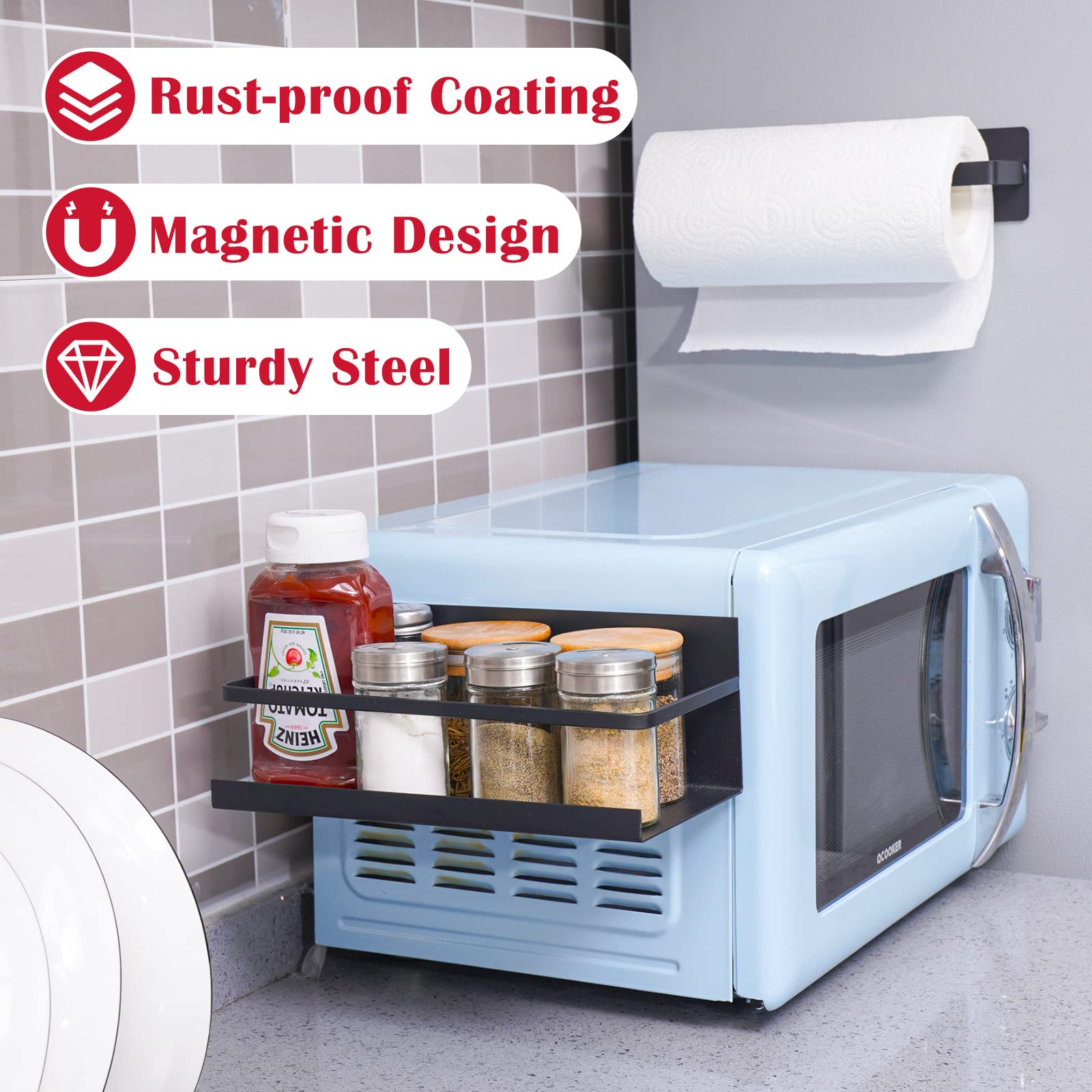 NiHome 2-Pack Magnetic Kitchen Organizer Racks (Spice Rack+Paper Towel Holder), Space Saving Drill-Free Multifunctional Magnetic Backing Refrigerator Metal Surface Rack Storage Shelf Towel Bar (Black)