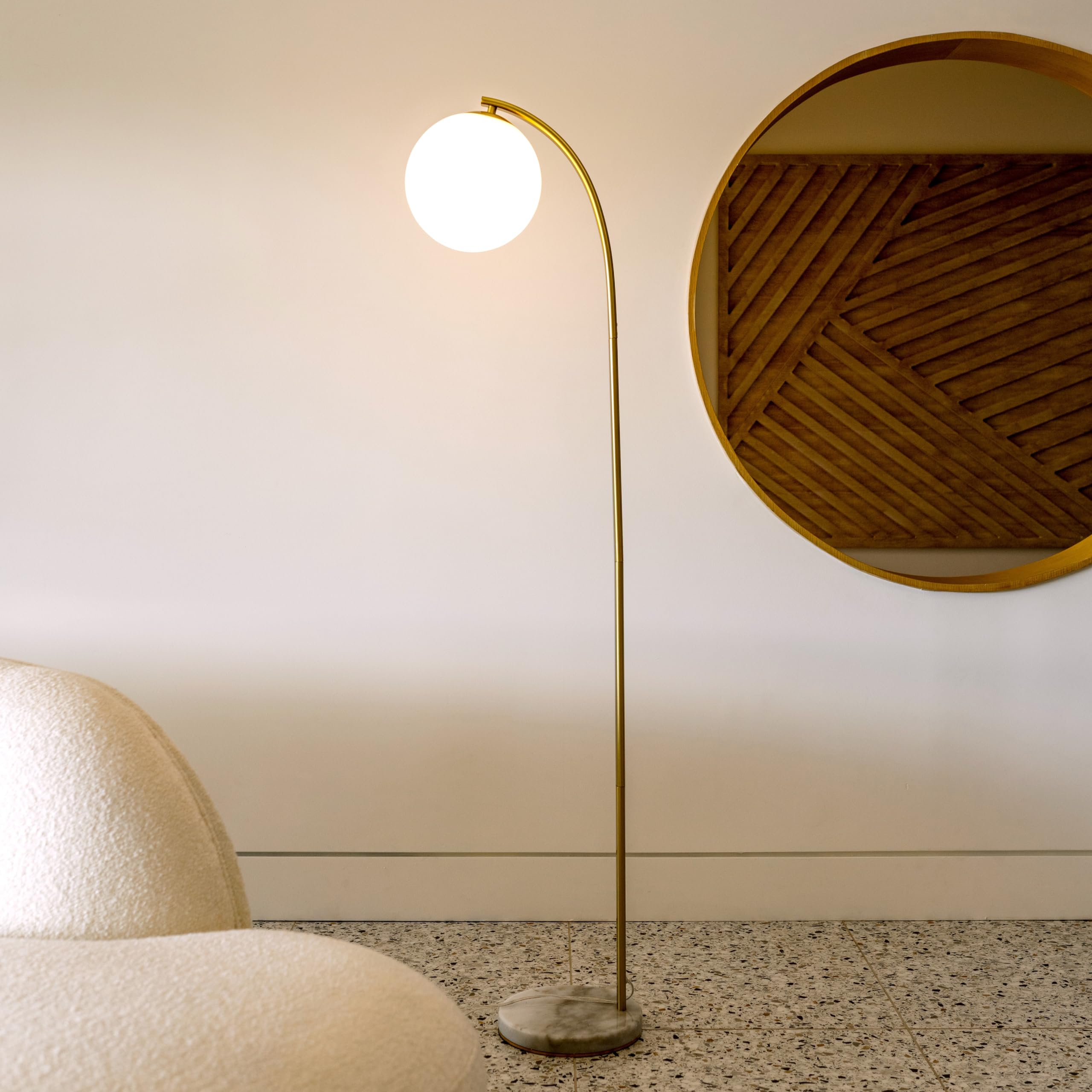 Brightech Luna Drop LED Floor Lamp, Frosted Glass Globe Arcing Living Room Lamp, Mid-Century Modern Standing Lamp for Living Rooms, Boho Rustic Indoor Tall Lamp for Bedrooms & Offices - Brass