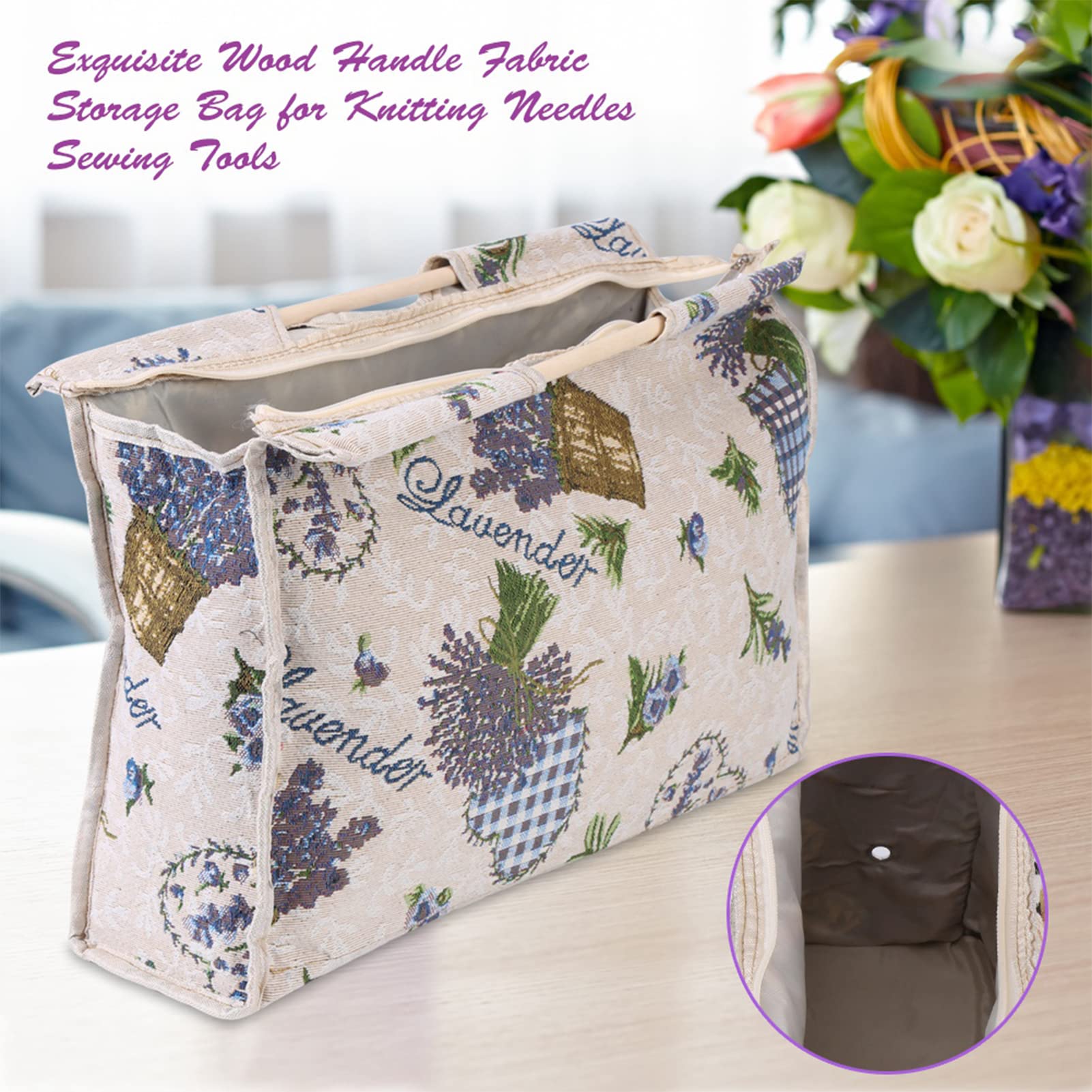 Knitting Needles Storage Bag, Exquisite Wood Handle Fabric Storage Bag Household Yarn Storage Tote Organizer Sewing Accessories for Knitting Needles Sewing Tools Storage Bag (Blue Flower)