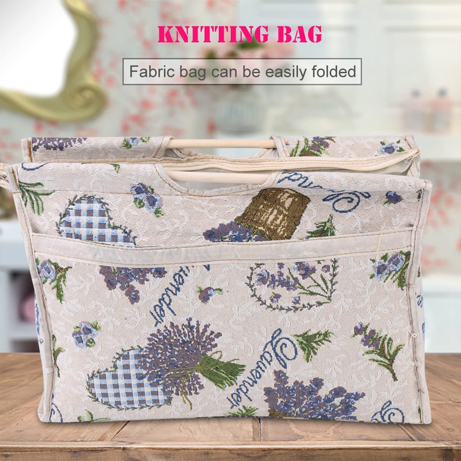 Knitting Needles Storage Bag, Exquisite Wood Handle Fabric Storage Bag Household Yarn Storage Tote Organizer Sewing Accessories for Knitting Needles Sewing Tools Storage Bag (Blue Flower)