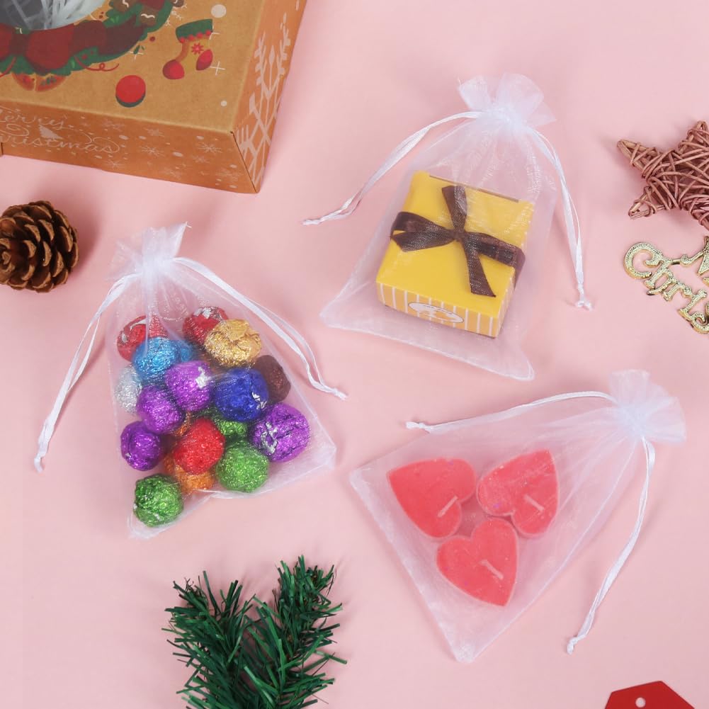 HRX Package 100pcs White Organza Bags, 4 x 6 inches Christmas Wedding Favors Gift Drawstring Bags Jewelry Pouches Candy Mesh Pouches