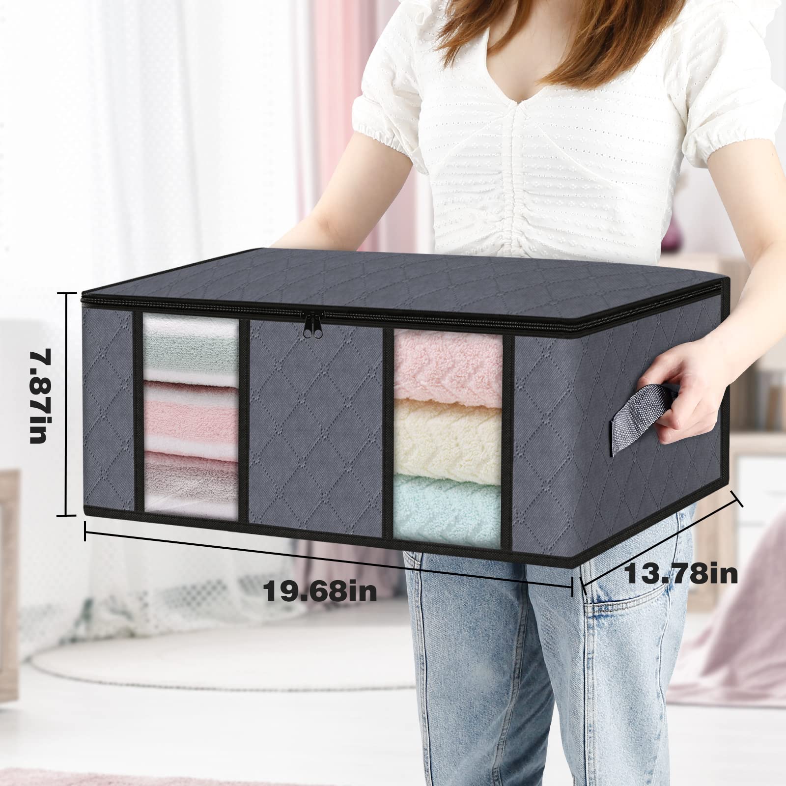 HomeHacks Storage Clothing Storage Bags, Storage Box Clothes Organizer with Clear Windows, Sturdy Handles Clothing Storage for Cloth, Toy, Bedding Storage, 6-Pack, Grey