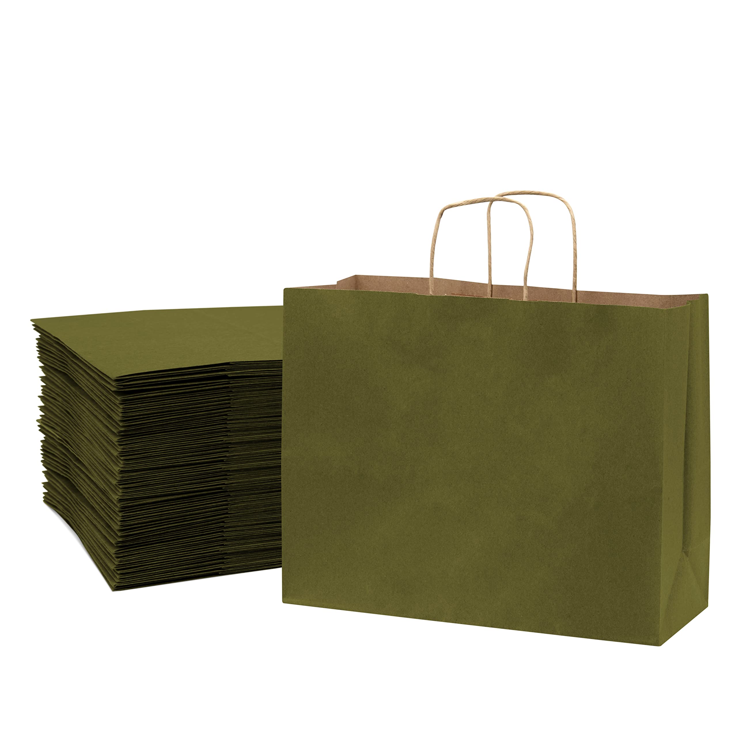 Green Gift Bags – 16x6x12 Inch 50 Pack Large Olive Green Kraft Shopping Bags with Handles, Euro Tote Retail Bags for Small Business & Boutique, Holiday Gifts, Wedding Guests, Birthday Parties, Bulk