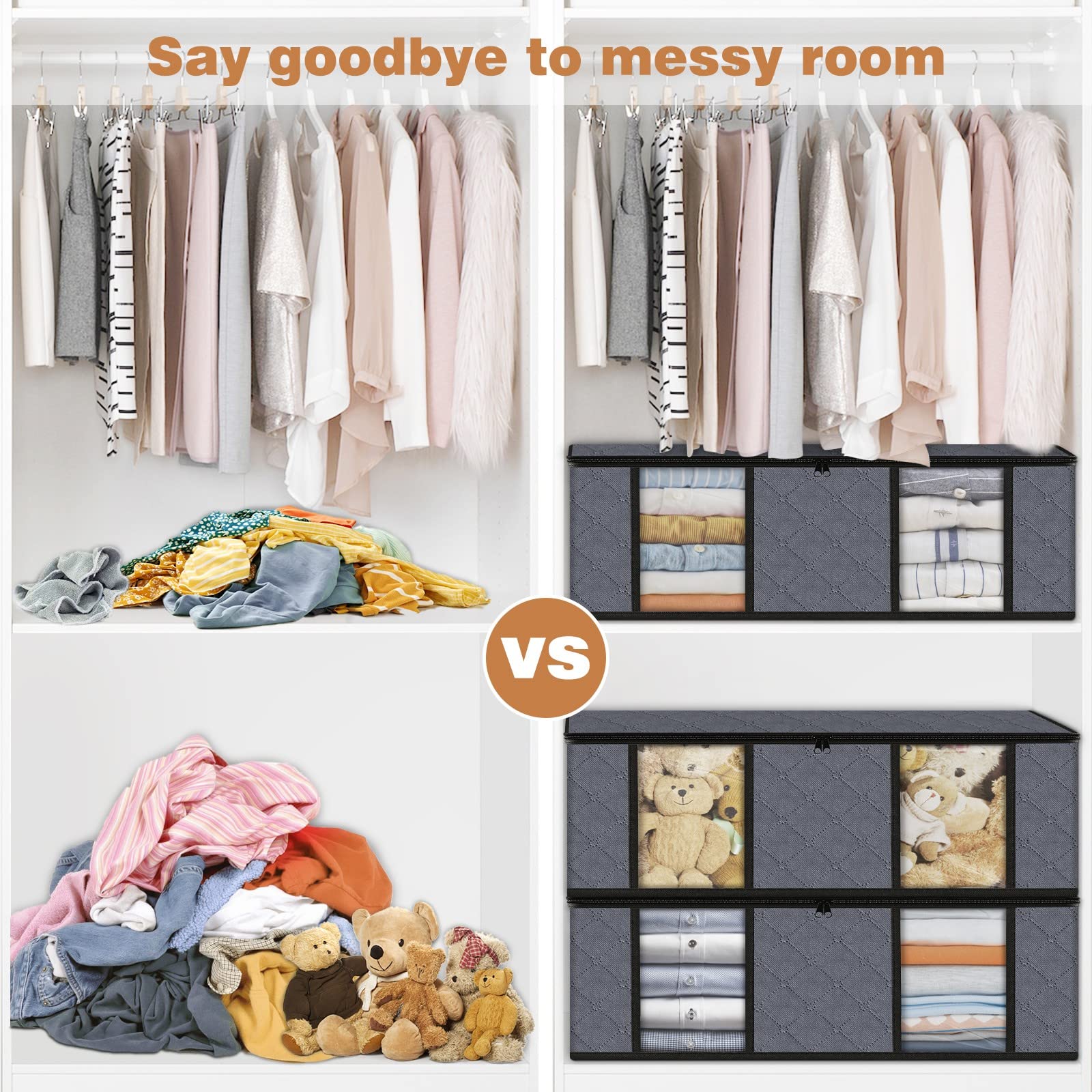 HomeHacks Storage Clothing Storage Bags, Storage Box Clothes Organizer with Clear Windows, Sturdy Handles Clothing Storage for Cloth, Toy, Bedding Storage, 6-Pack, Grey