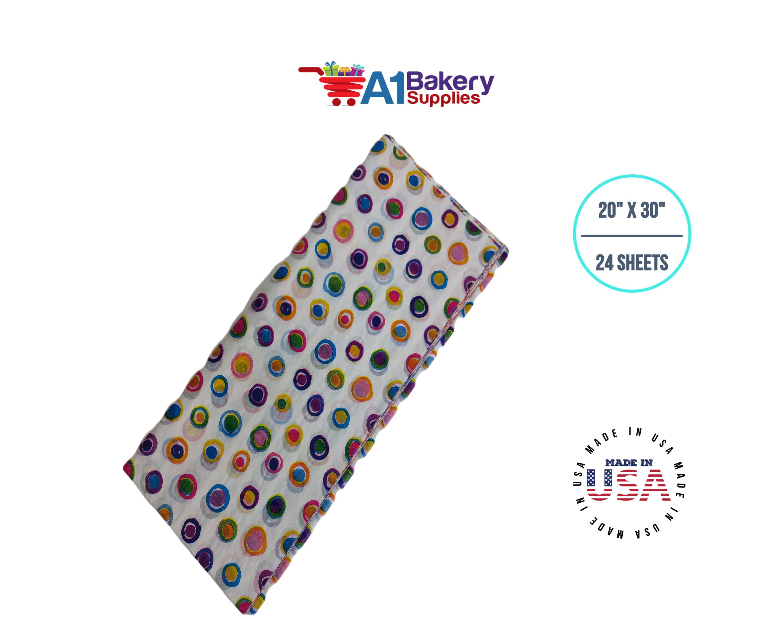 Rainbow Polka Dot Tissue Paper Rainbow Spots Dot Premier High Quality Tissue Paper - 20 Inch x 30 Inch - 24 XL Sheets by A1 bakery supplies MADEIN USA