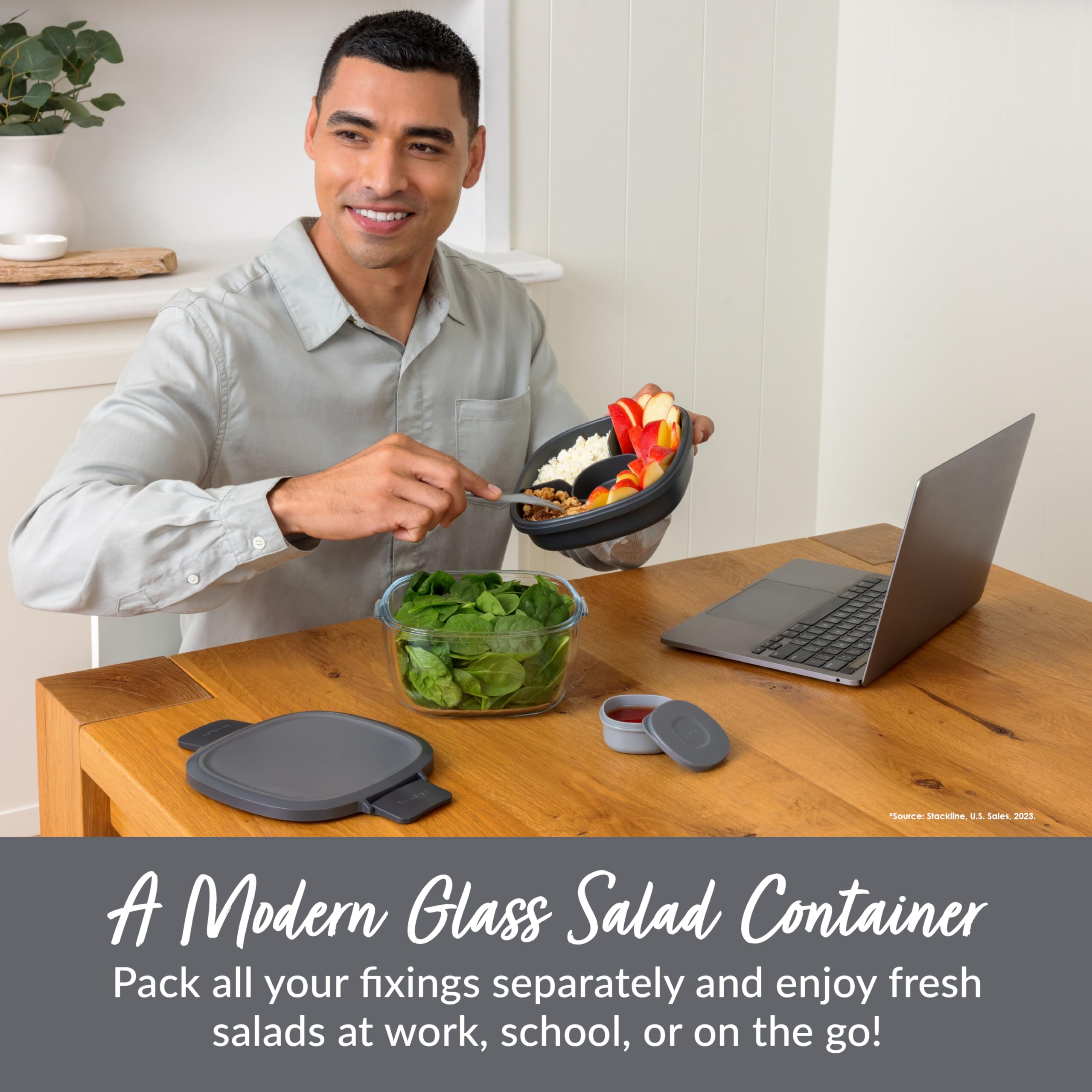 Bentgo® Glass - Leak-Proof Salad Container with Large 61-oz Salad Bowl, 4-Compartment Bento-Style Tray for Toppings, 3-oz Sauce Container for Dressings, and Built-In Reusable Fork (Dark Gray)