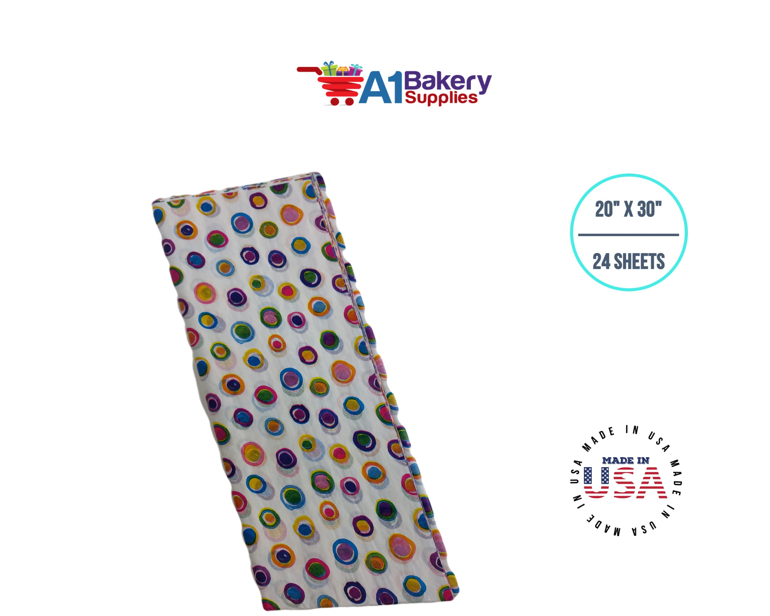 Rainbow Polka Dot Tissue Paper Rainbow Spots Dot Premier High Quality Tissue Paper - 20 Inch x 30 Inch - 24 XL Sheets by A1 bakery supplies MADEIN USA