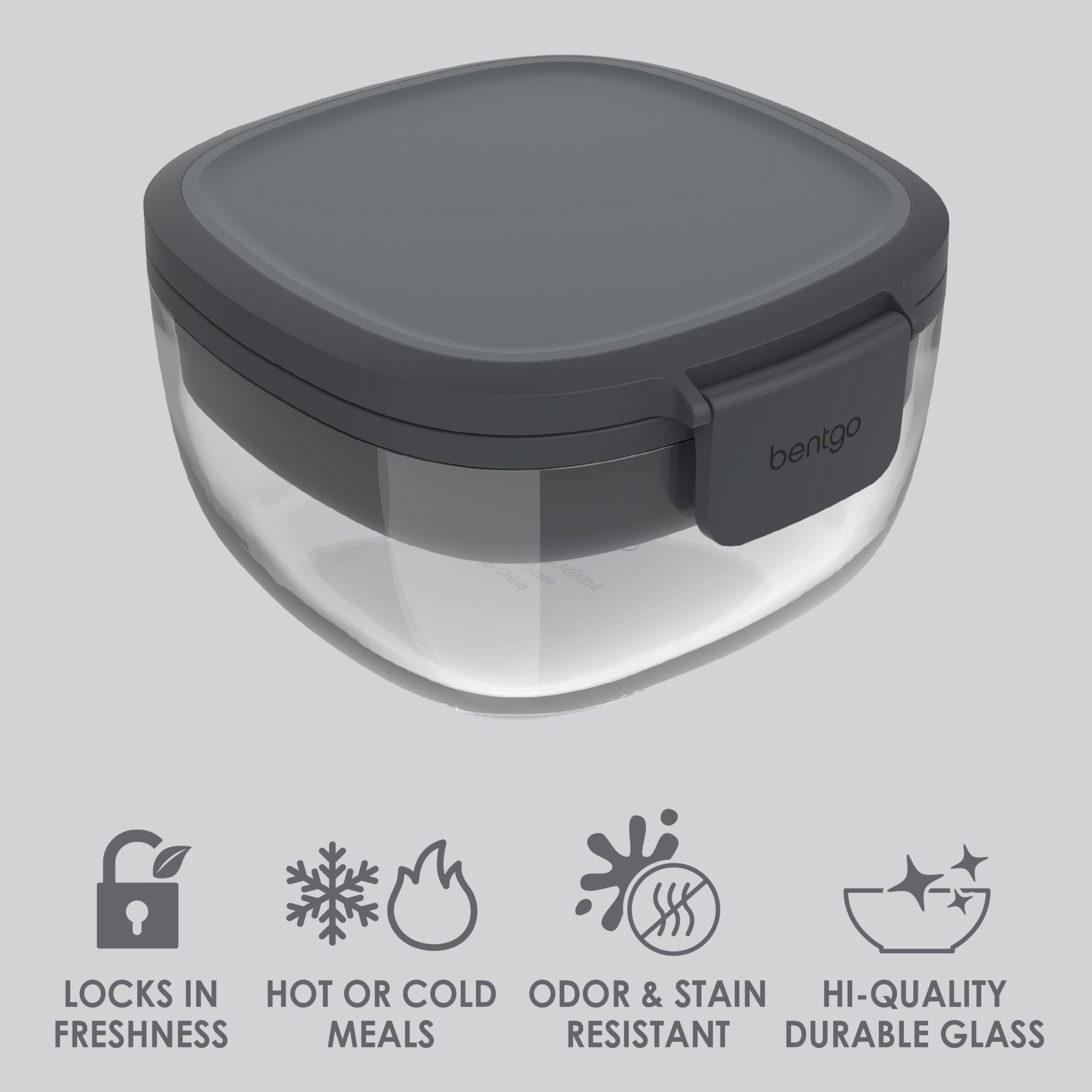 Bentgo® Glass - Leak-Proof Salad Container with Large 61-oz Salad Bowl, 4-Compartment Bento-Style Tray for Toppings, 3-oz Sauce Container for Dressings, and Built-In Reusable Fork (Dark Gray)