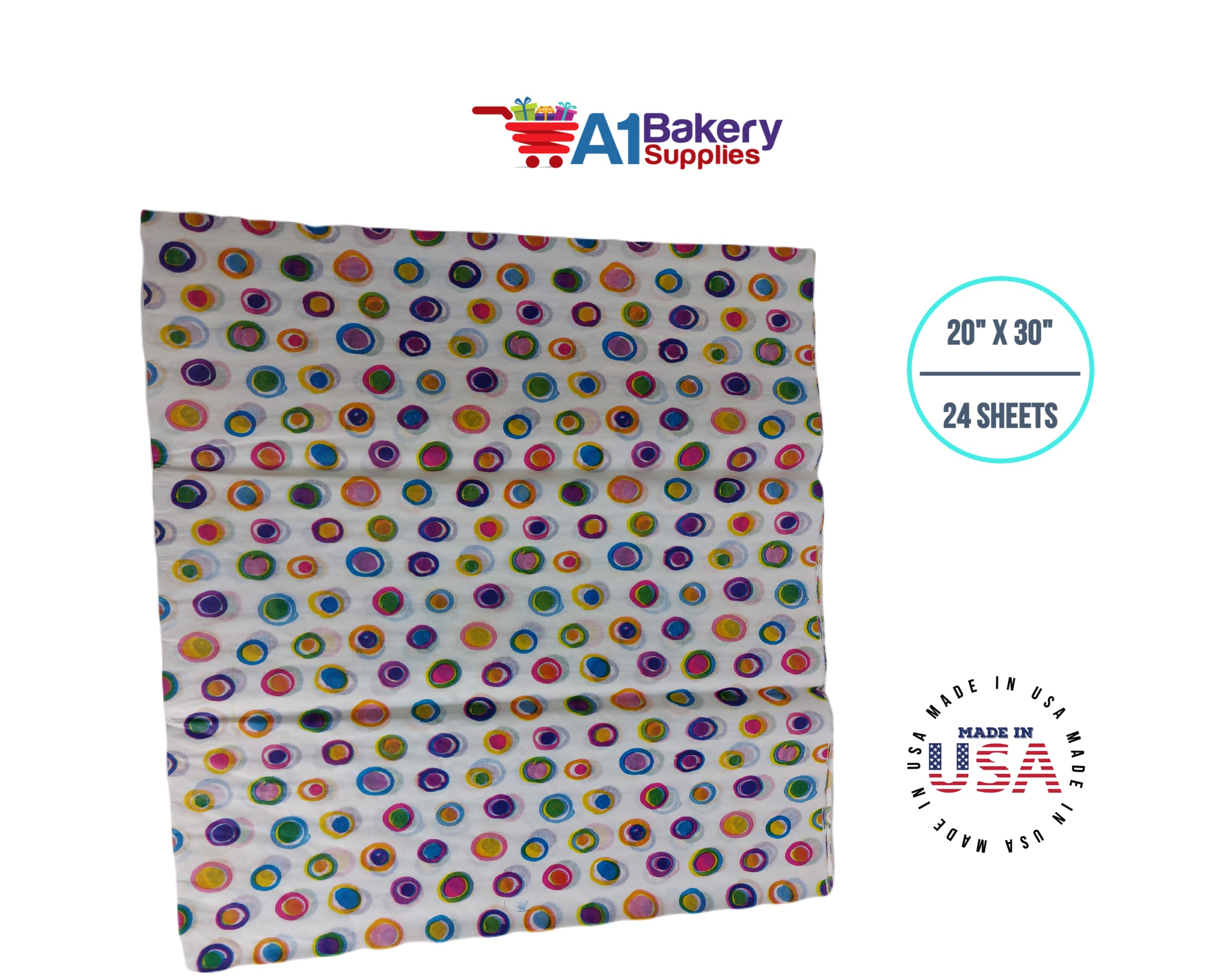 Rainbow Polka Dot Tissue Paper Rainbow Spots Dot Premier High Quality Tissue Paper - 20 Inch x 30 Inch - 24 XL Sheets by A1 bakery supplies MADEIN USA