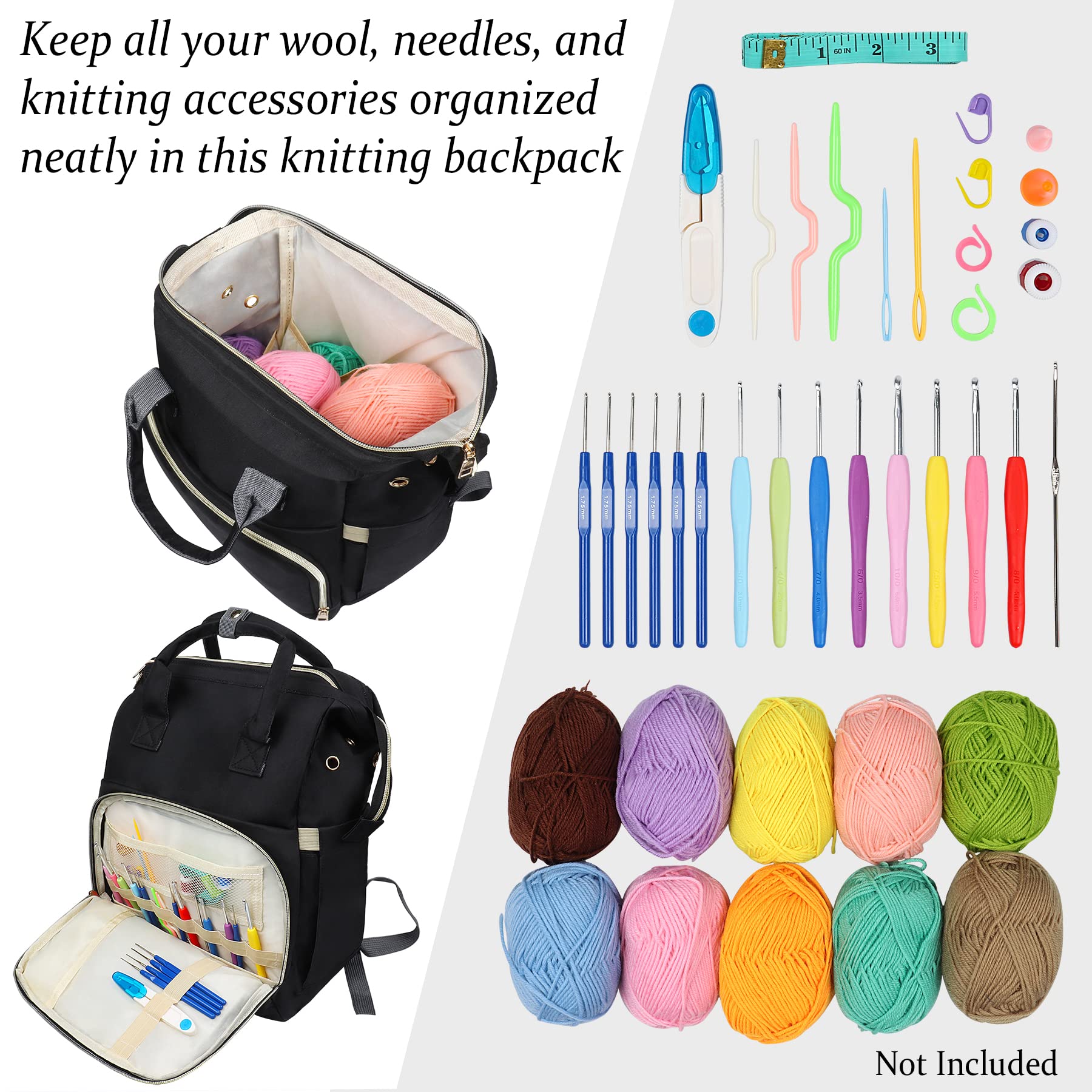 Knitting Bag Achwishap Crochet Knitting Backpack, 15.7"*11.8"*6.7" Storage Bag with 6 Yarn Grommets, Knitting Yarn Organizer for Knitting Needles, Crochet Hooks, and Other Accessories (Black)