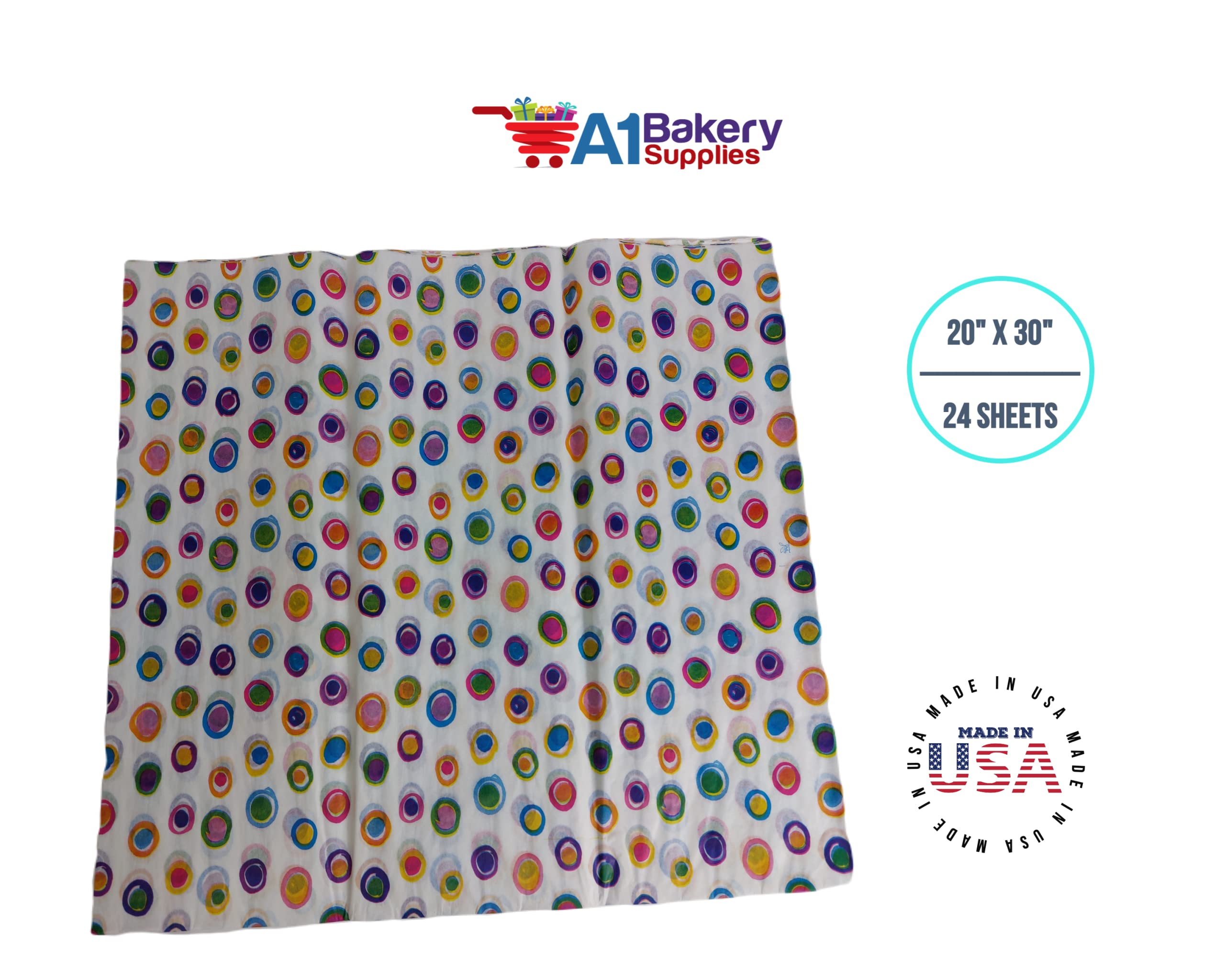 Rainbow Polka Dot Tissue Paper Rainbow Spots Dot Premier High Quality Tissue Paper - 20 Inch x 30 Inch - 24 XL Sheets by A1 bakery supplies MADEIN USA