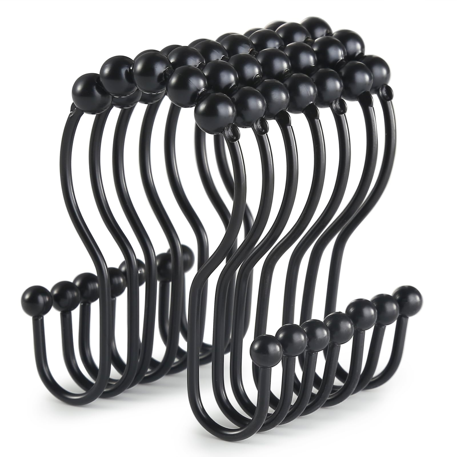 Goowin Shower Curtain Hooks, 12 Pcs Shower Curtain Rings, Stainless Steel Roller Rust-Resistant Balance Sliding Anti-Drop Double Shower Hooks for Curtain Bathroom Shower Curtains (Black)