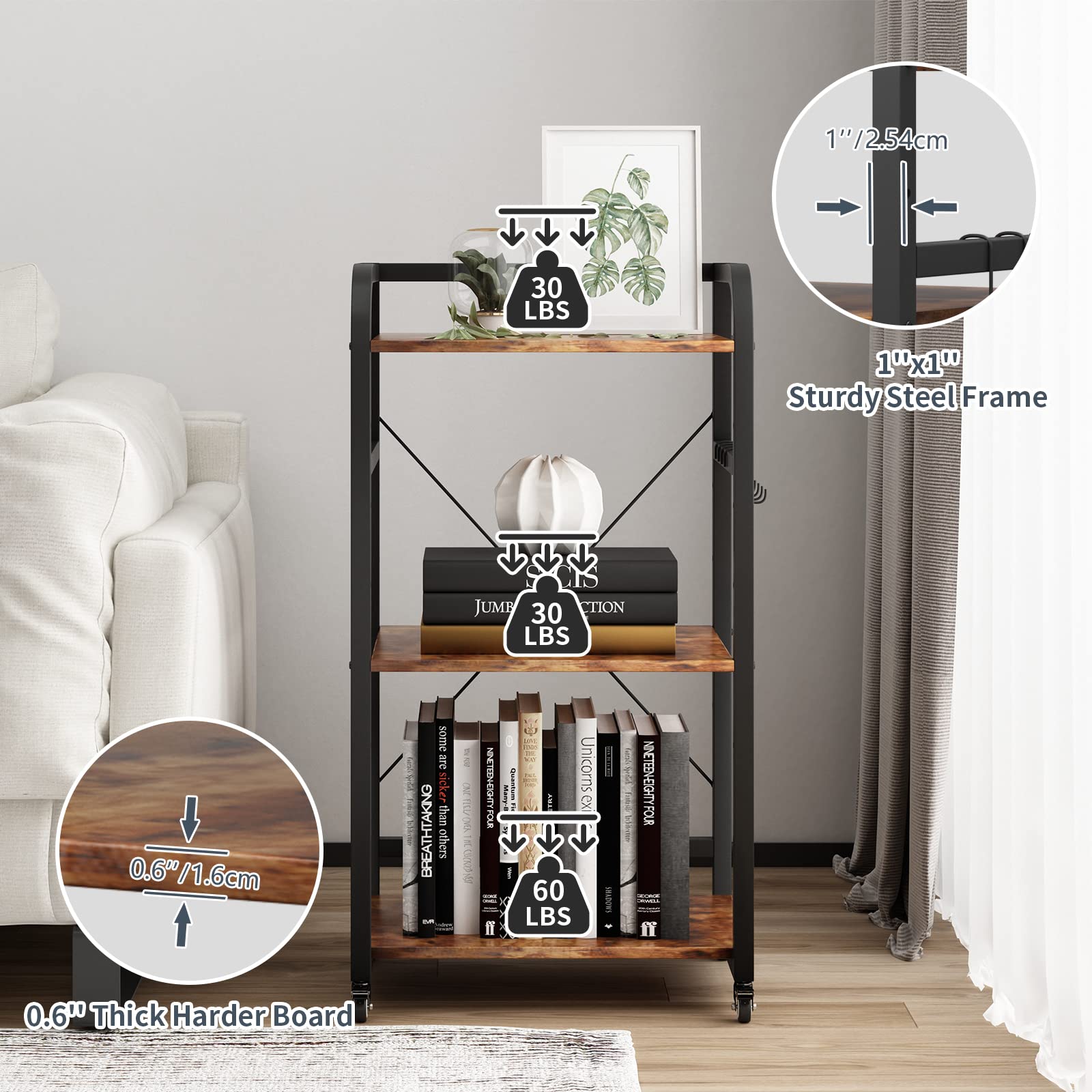 LAITIMIA 3 Tier Mobile Printer Stand with Storage Shelves Folding Paper Shredder Stand Heavy Duty Laser Printer Table on Wheels CPU Tower Stand Home Office Printer Cart Kitchen Organizer Rustic Brown