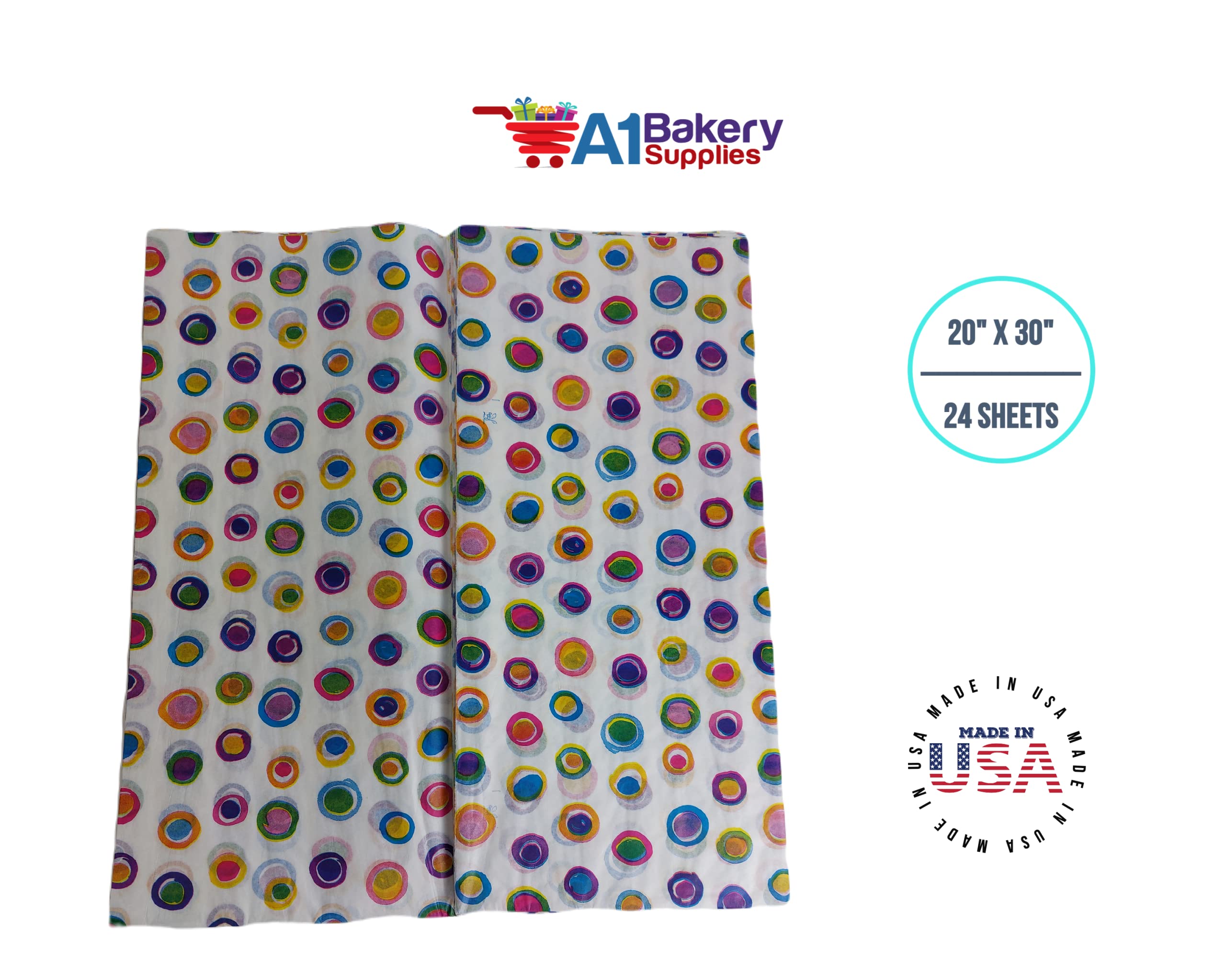 Rainbow Polka Dot Tissue Paper Rainbow Spots Dot Premier High Quality Tissue Paper - 20 Inch x 30 Inch - 24 XL Sheets by A1 bakery supplies MADEIN USA