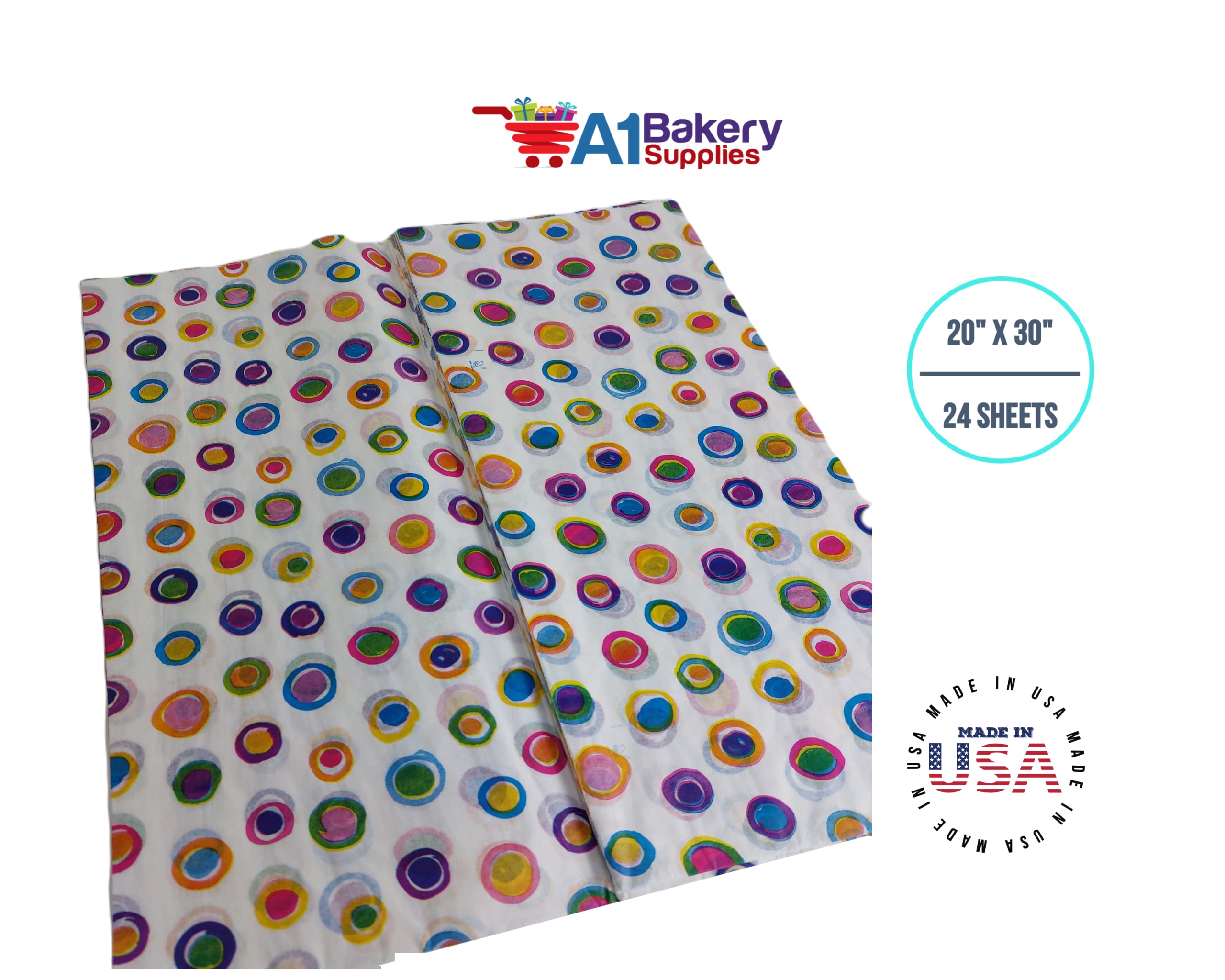 Rainbow Polka Dot Tissue Paper Rainbow Spots Dot Premier High Quality Tissue Paper - 20 Inch x 30 Inch - 24 XL Sheets by A1 bakery supplies MADEIN USA