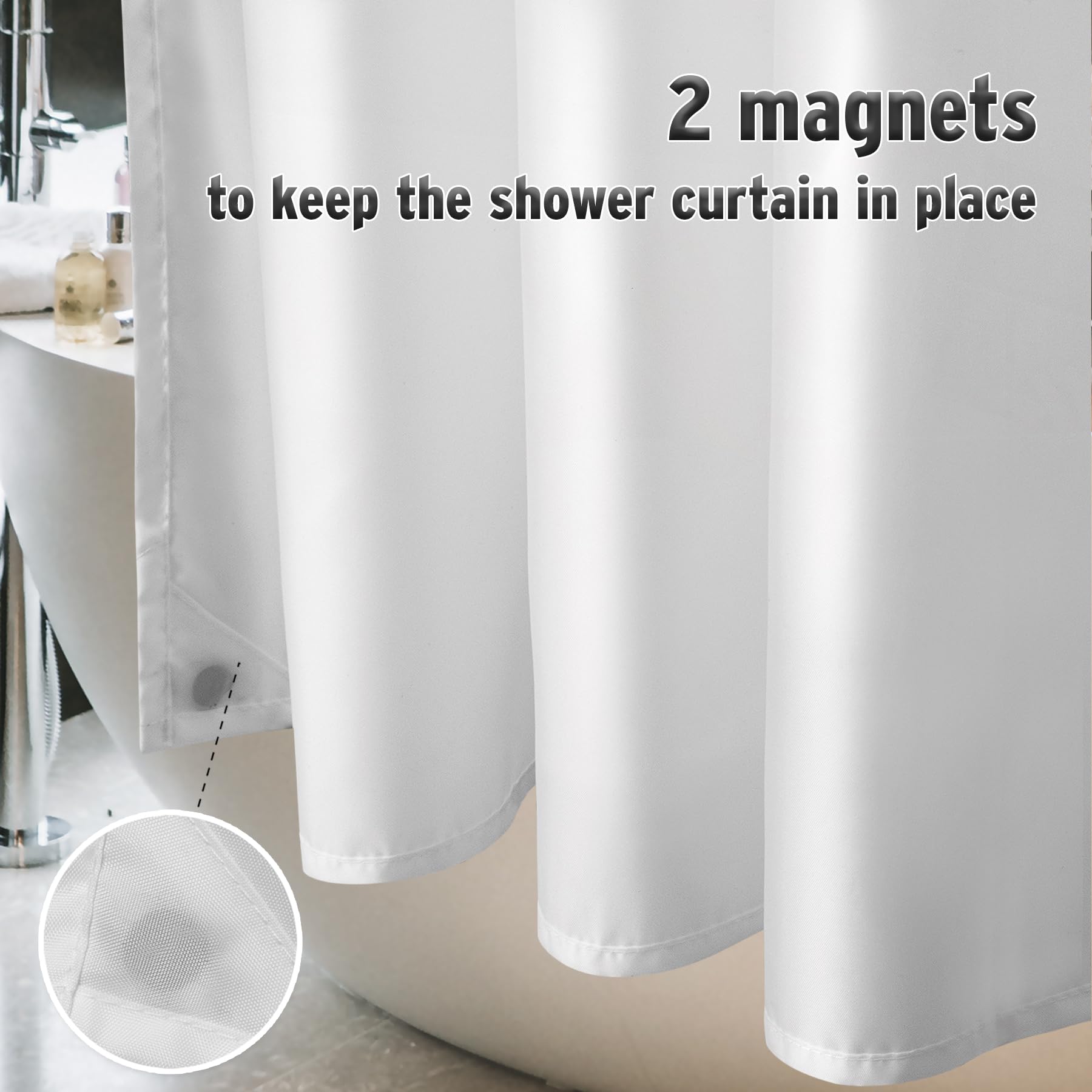 Titanker Fabric Shower Curtain Liner Washable, 70 x 72 Inches, White Shower Liner Fabric with 2 Magnets, Bathroom Polyester Shower Liner Waterproof Soft Lightweight, White