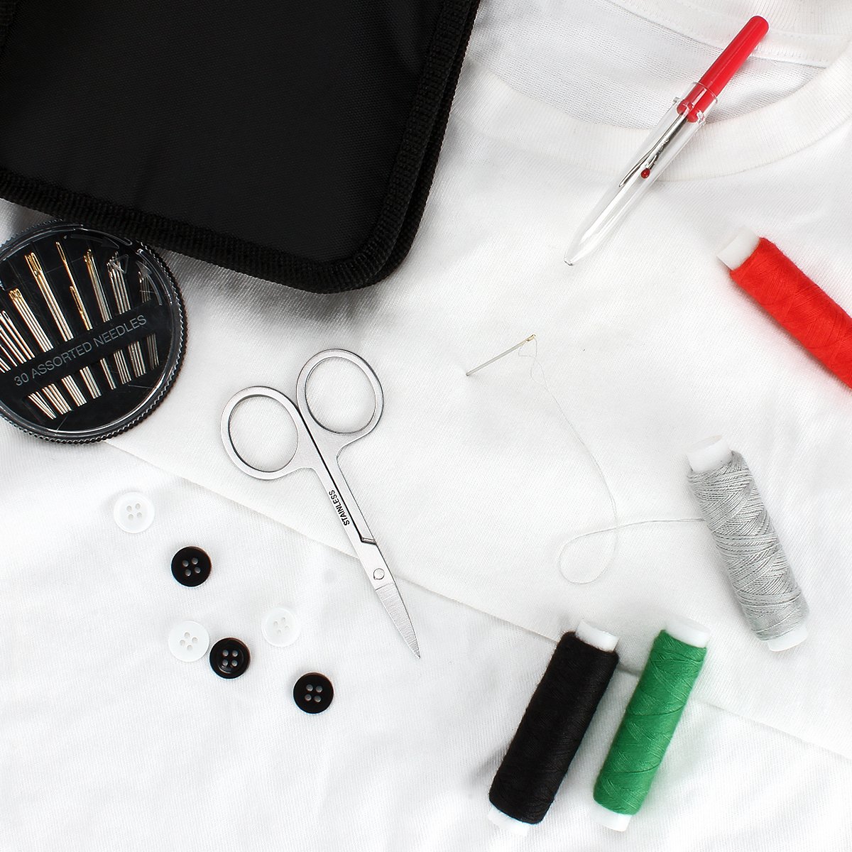 JUNING Sewing Kit with Case, 130 pcs Sewing Supplies for Home Travel and Emergency, Kids Machine, Contains 24 Spools of Thread of 100m, Mending and Sewing Needles, Scissors, Thimble, Tape Measure etc