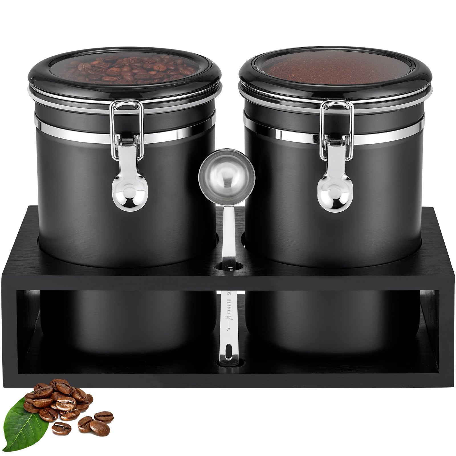 Yangbaga 304 Stainless Steel Coffee Containers with Shelf,2 x 66 FLOZ Coffee Bean Storage with Airtight Locking Clamp and Spoon, Large Capacity Food Storage Jar for Kitchen