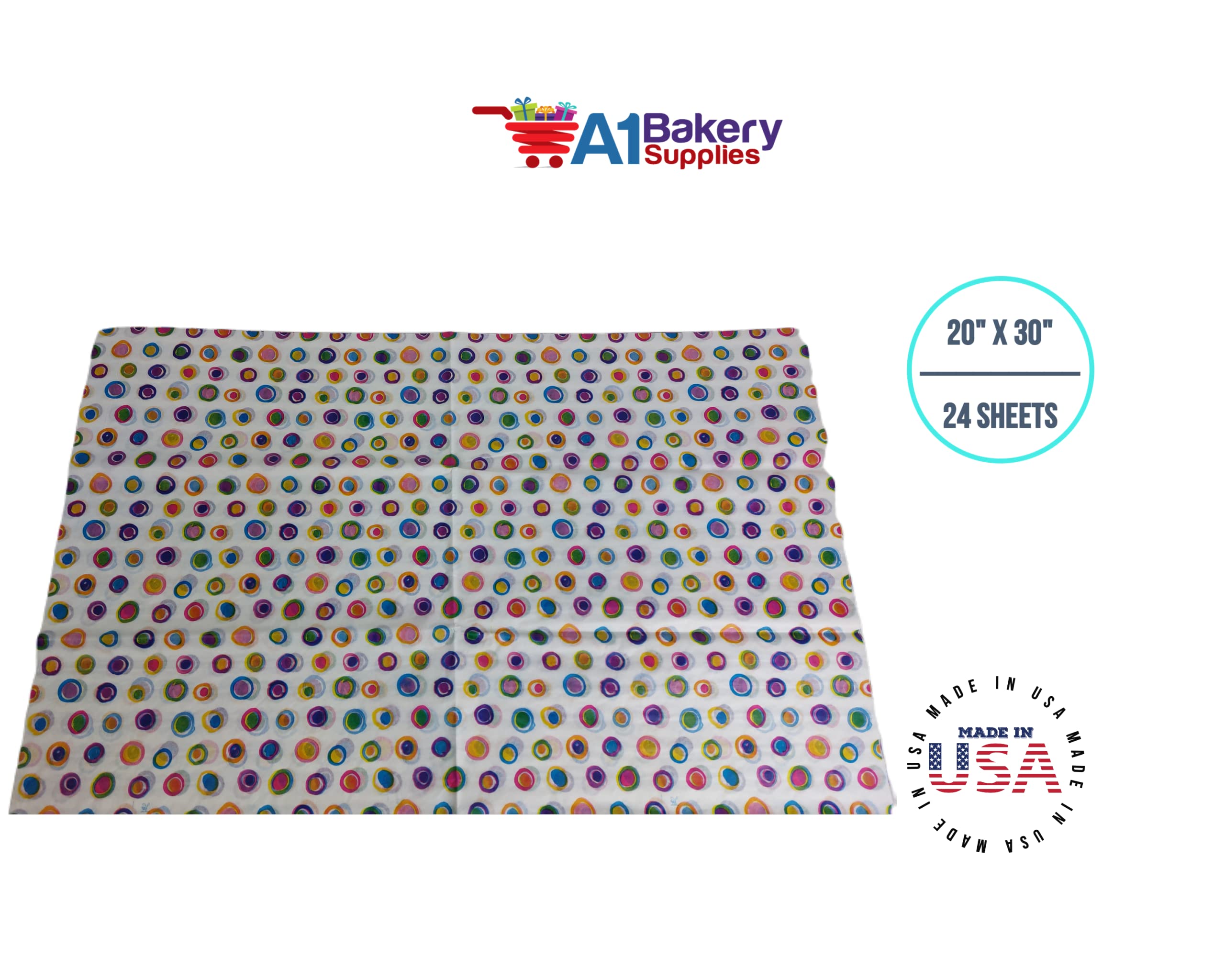 Rainbow Polka Dot Tissue Paper Rainbow Spots Dot Premier High Quality Tissue Paper - 20 Inch x 30 Inch - 24 XL Sheets by A1 bakery supplies MADEIN USA