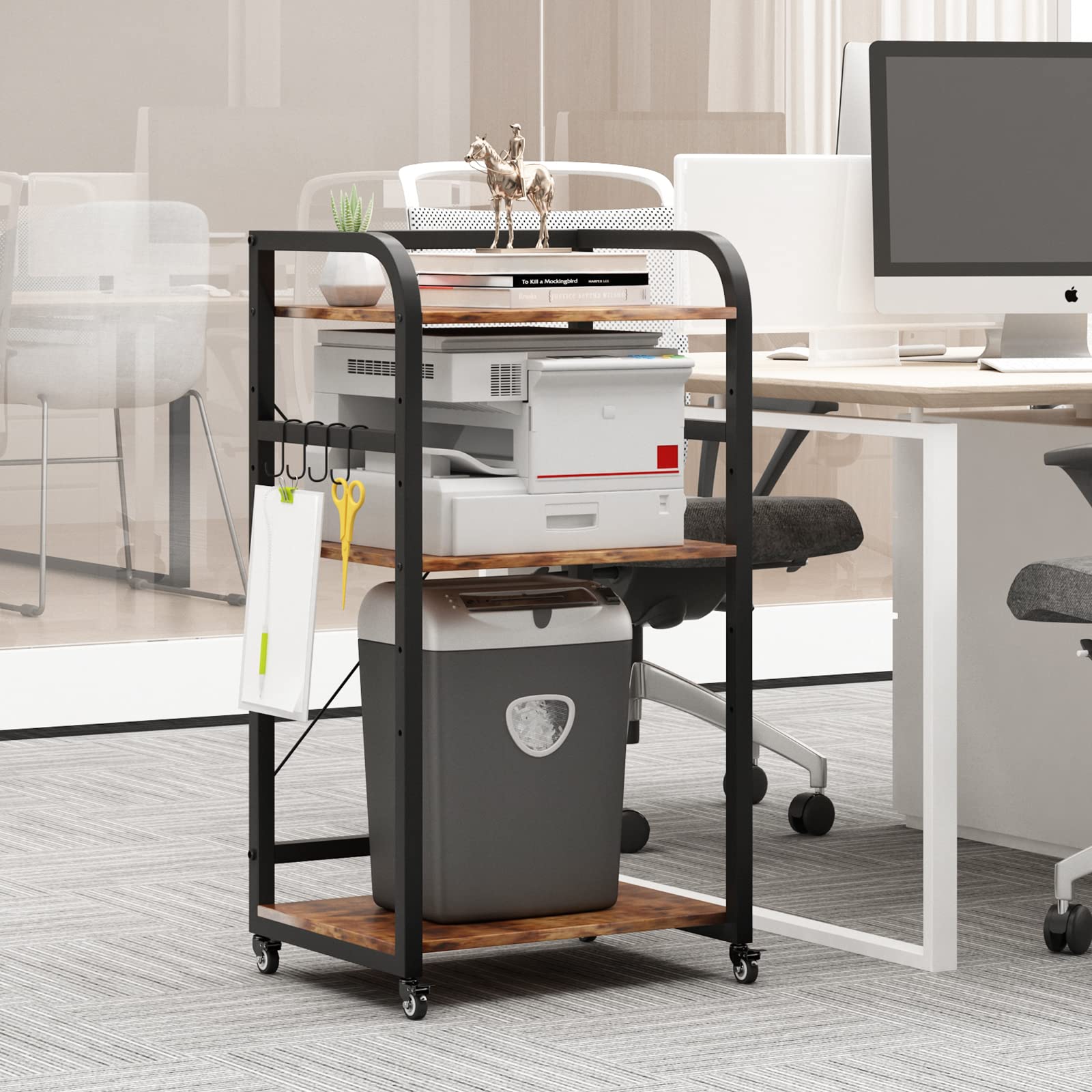 LAITIMIA 3 Tier Mobile Printer Stand with Storage Shelves Folding Paper Shredder Stand Heavy Duty Laser Printer Table on Wheels CPU Tower Stand Home Office Printer Cart Kitchen Organizer Rustic Brown