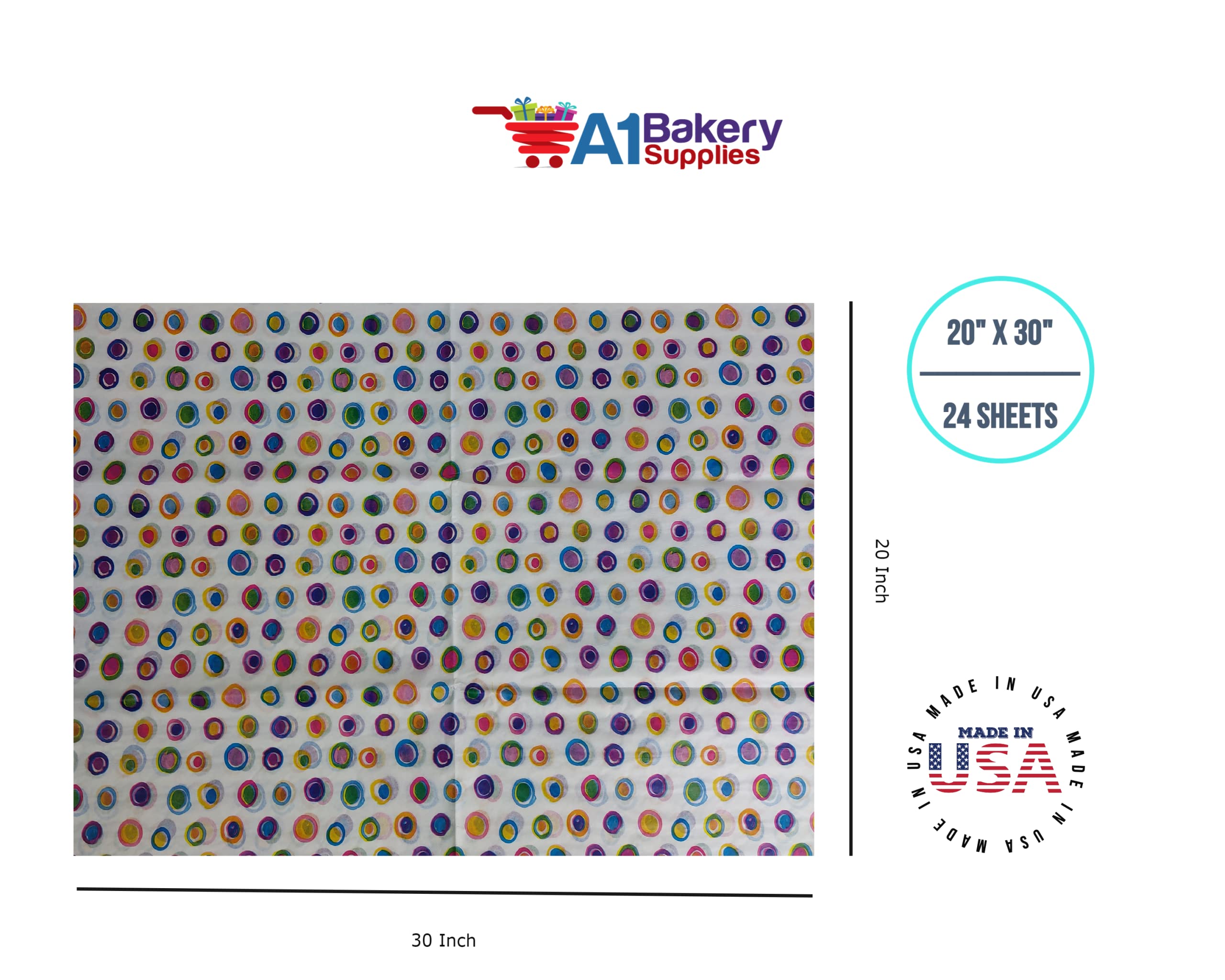 Rainbow Polka Dot Tissue Paper Rainbow Spots Dot Premier High Quality Tissue Paper - 20 Inch x 30 Inch - 24 XL Sheets by A1 bakery supplies MADEIN USA