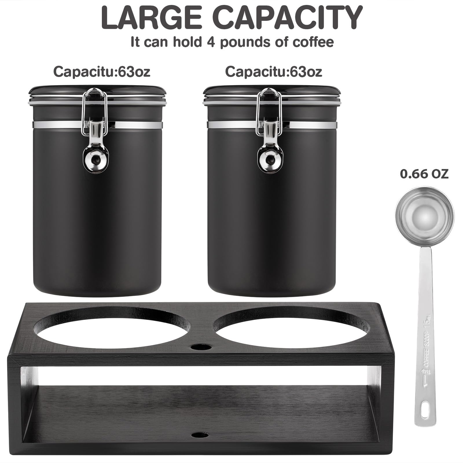 Yangbaga 304 Stainless Steel Coffee Containers with Shelf,2 x 66 FLOZ Coffee Bean Storage with Airtight Locking Clamp and Spoon, Large Capacity Food Storage Jar for Kitchen