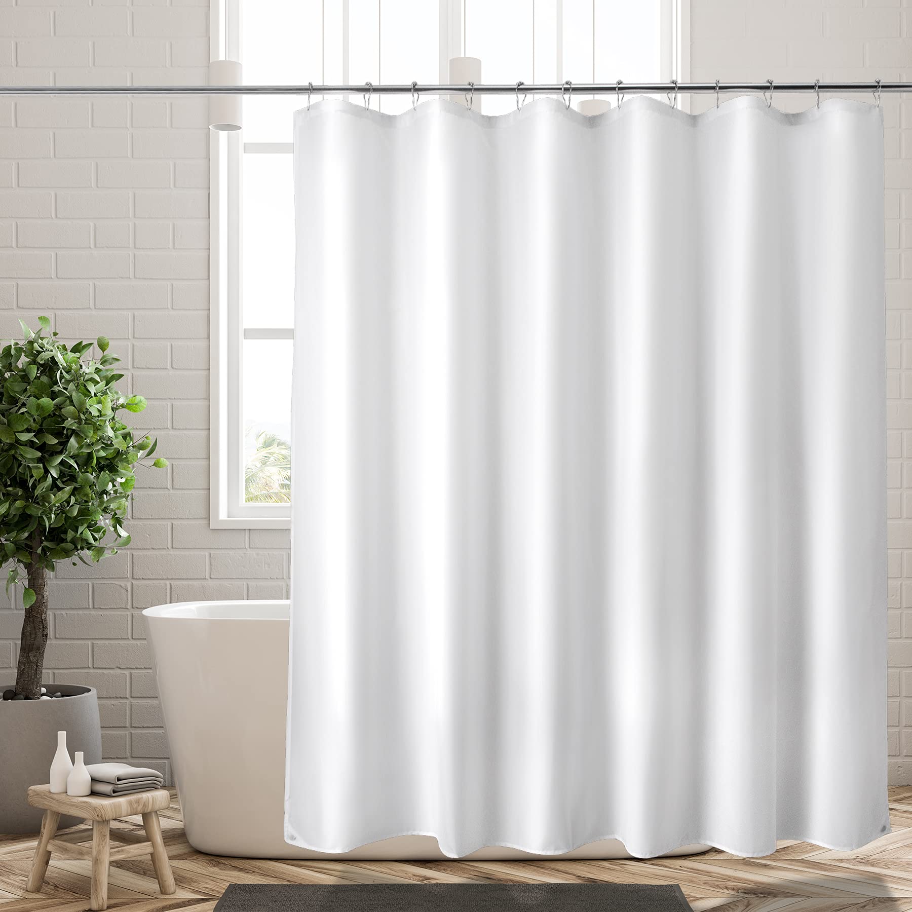 Titanker Fabric Shower Curtain Liner Washable, 70 x 72 Inches, White Shower Liner Fabric with 2 Magnets, Bathroom Polyester Shower Liner Waterproof Soft Lightweight, White
