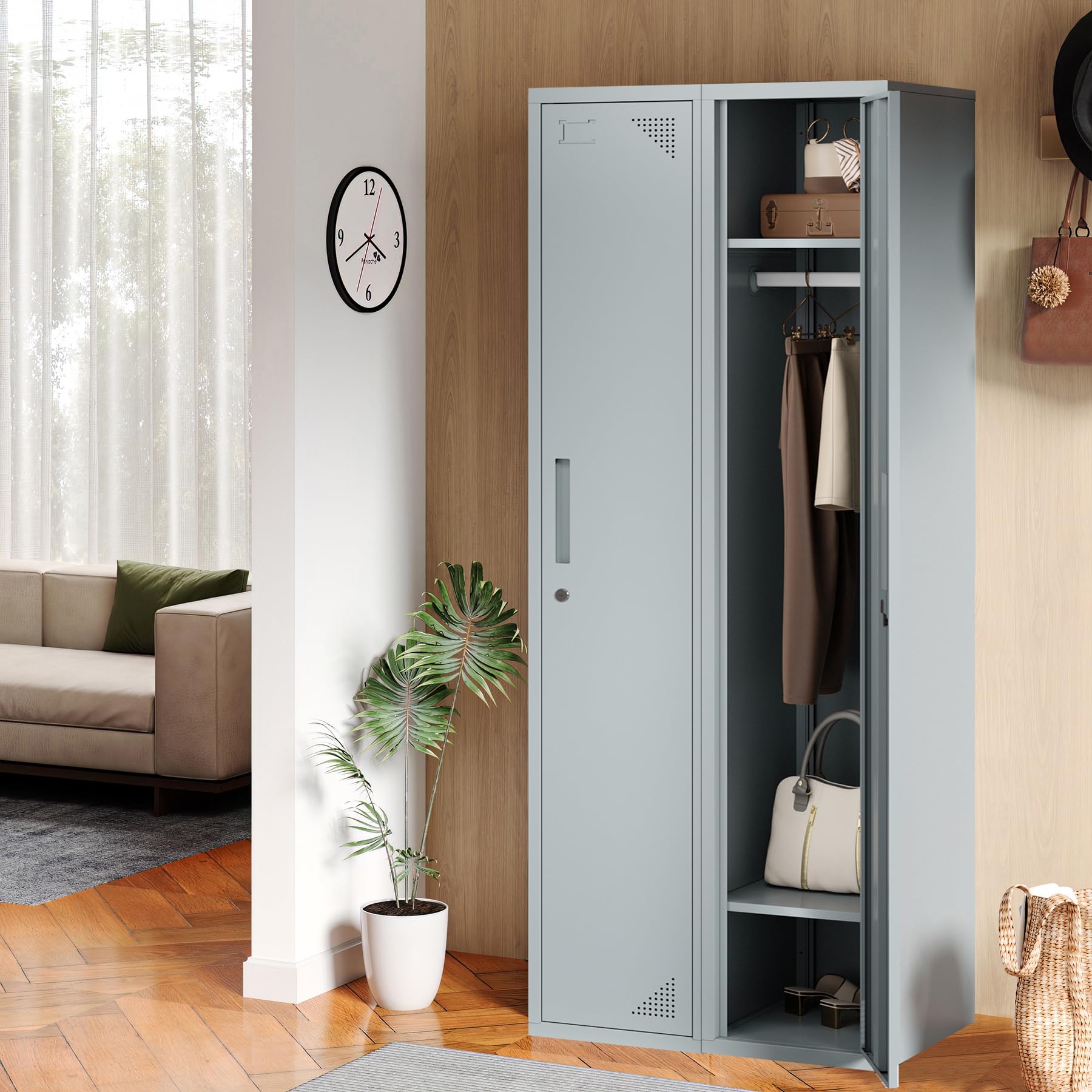 BYNSOE Metal Locker 1 Doors 71" Employees Locker Storage Cabinet Locker School Hospital Gym Locker Requires Assembly (Grey, 1 Door)