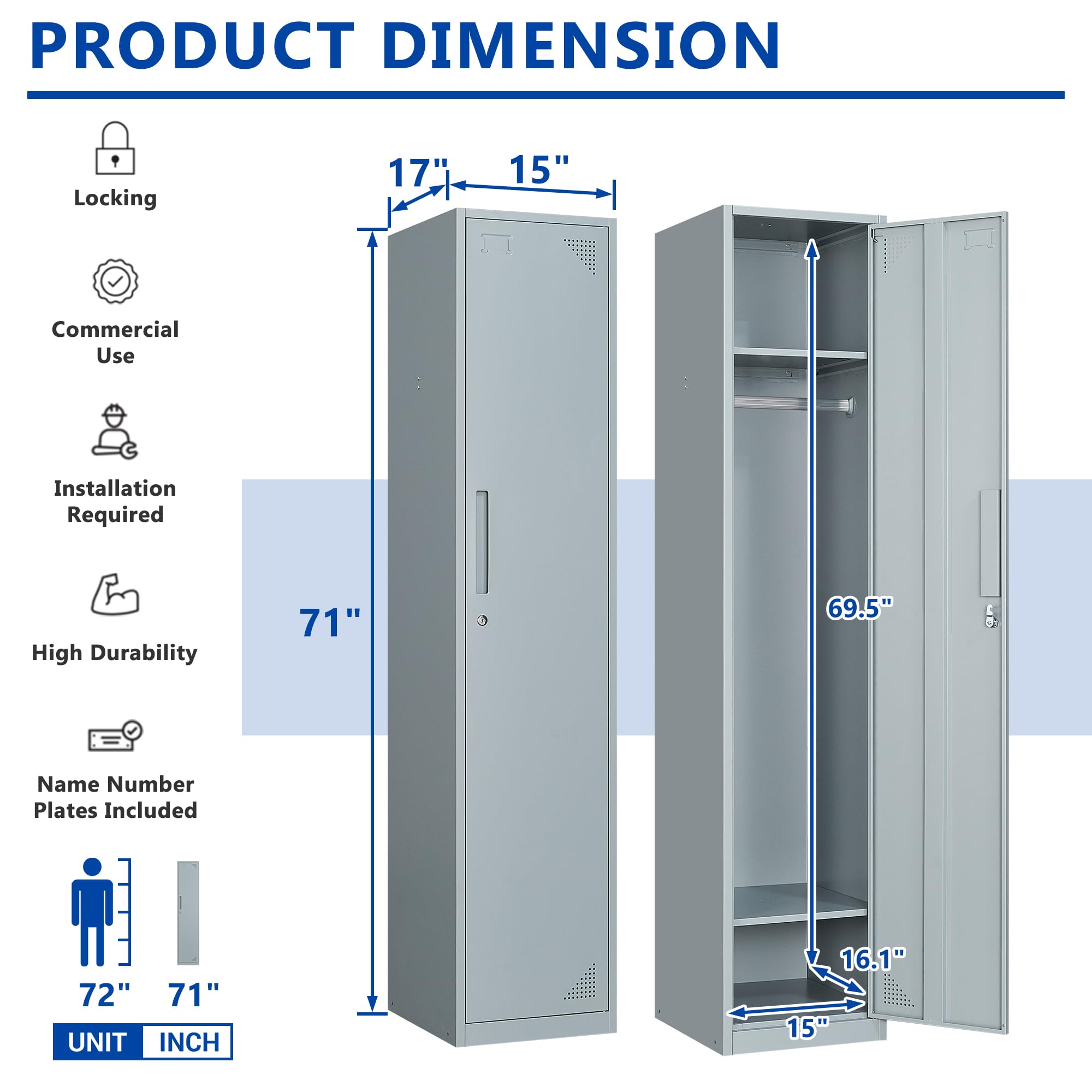 BYNSOE Metal Locker 1 Doors 71" Employees Locker Storage Cabinet Locker School Hospital Gym Locker Requires Assembly (Grey, 1 Door)