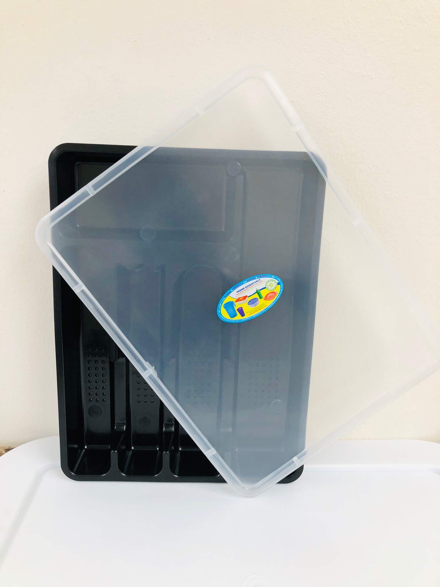 he-home essentials Flatware Tray+lid-Closes Tightly-Silverware Drawer Utensils Organizer with Cover-Cutlery Plastic Tray with Cover lid-Black