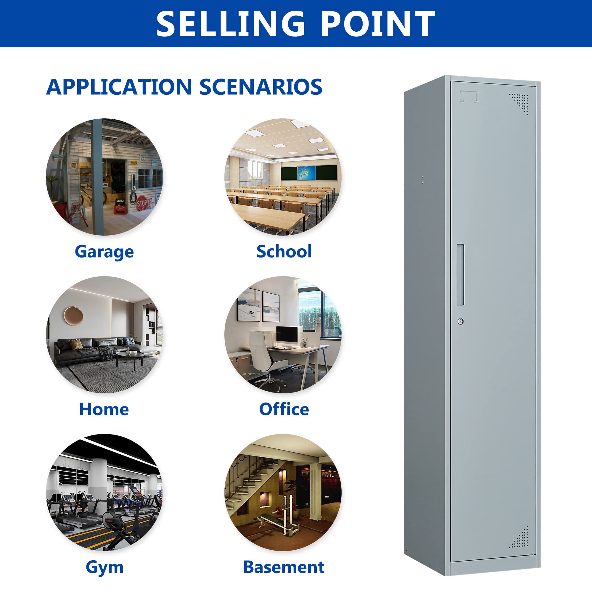 BYNSOE Metal Locker 1 Doors 71" Employees Locker Storage Cabinet Locker School Hospital Gym Locker Requires Assembly (Grey, 1 Door)