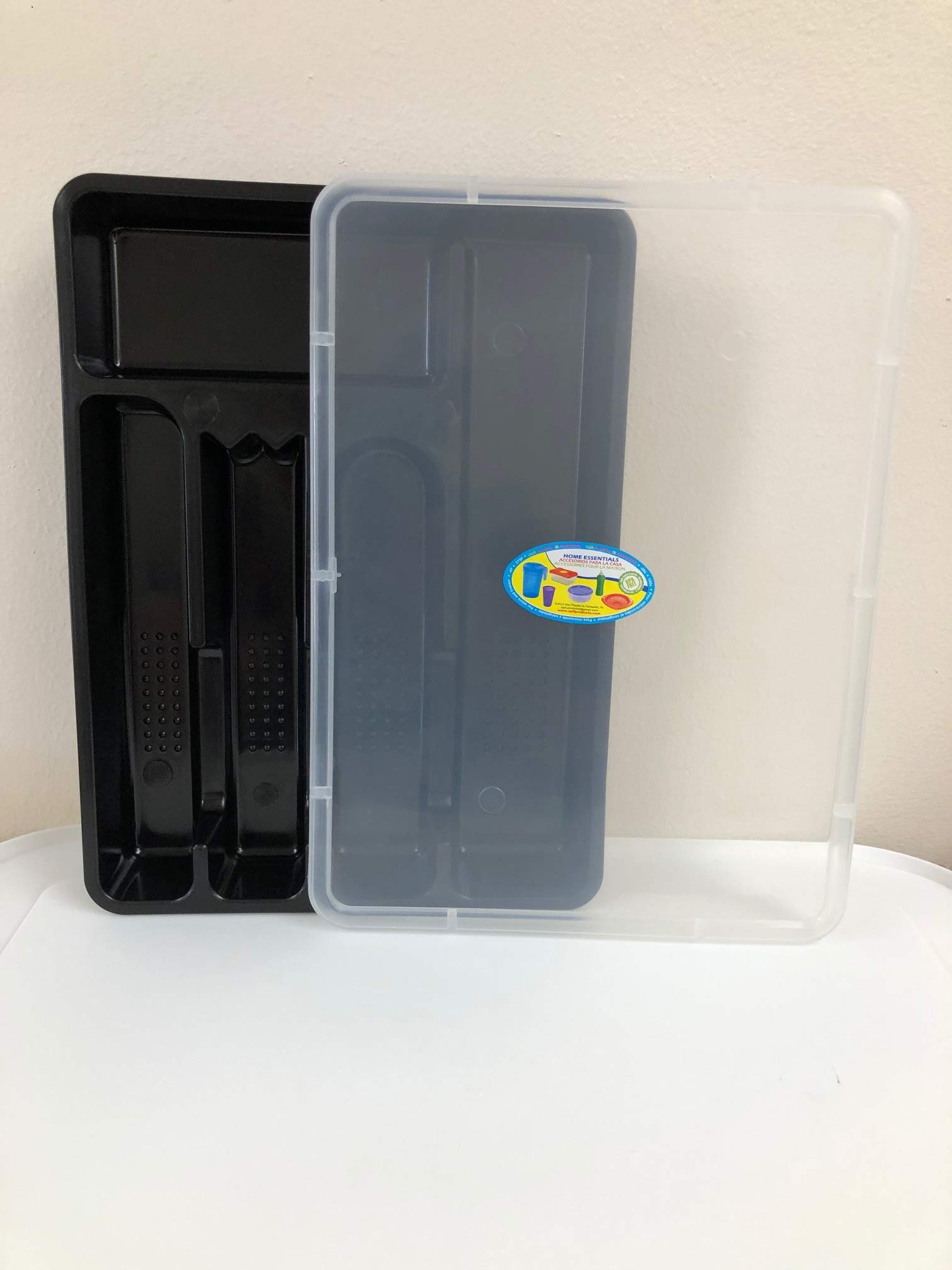 he-home essentials Flatware Tray+lid-Closes Tightly-Silverware Drawer Utensils Organizer with Cover-Cutlery Plastic Tray with Cover lid-Black