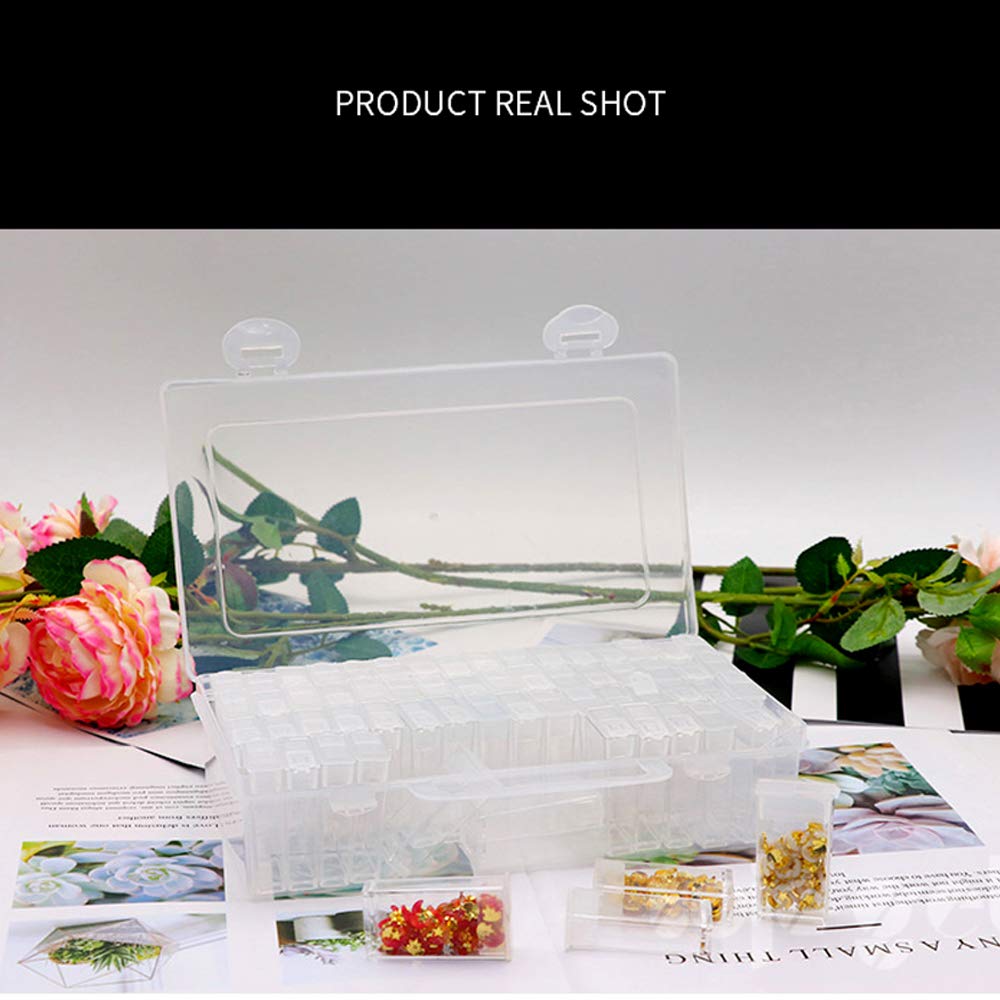 64 Grid Plastic Storage Box,Container Storage Clear Plastic Jewelry Organizer Box for DIY 5D Diamond Painting Tools Kit Art Embroidery Projects Display Collection with Adjustable Dividers -72 Pieces Free Letter Stickers