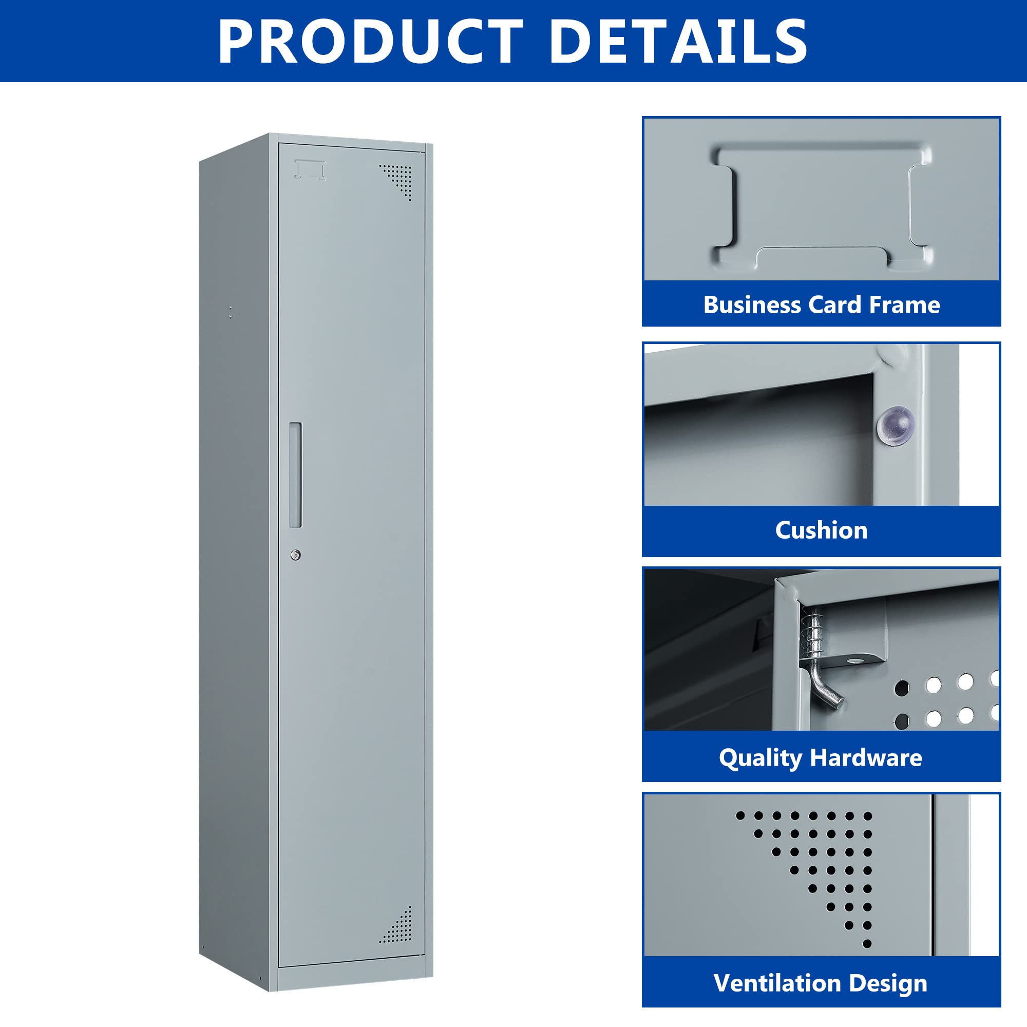 BYNSOE Metal Locker 1 Doors 71" Employees Locker Storage Cabinet Locker School Hospital Gym Locker Requires Assembly (Grey, 1 Door)