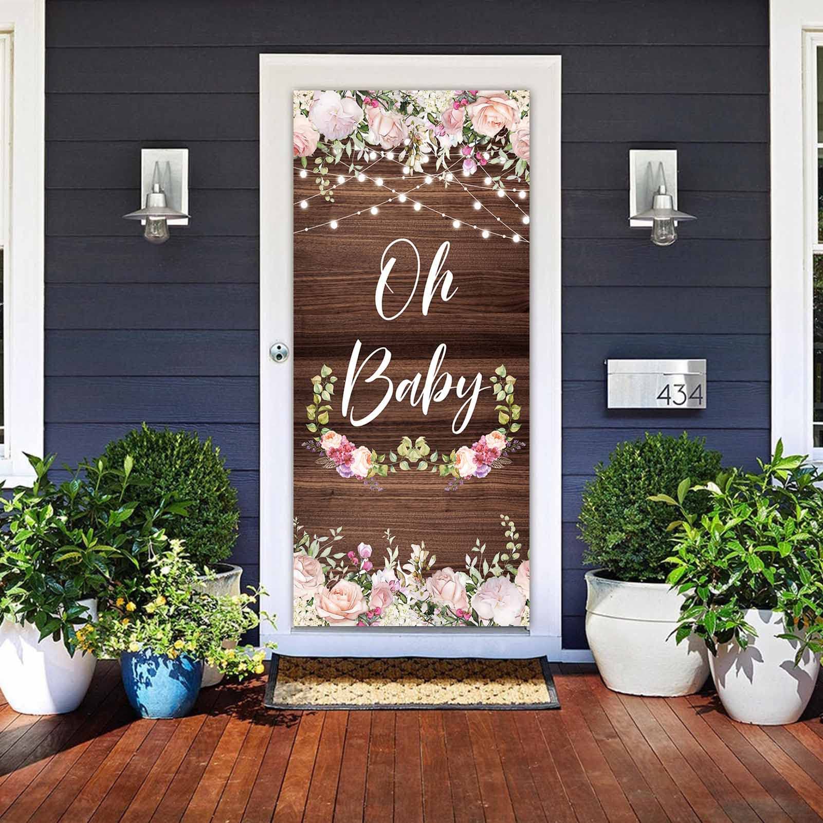 ZDX Oh Baby Door Banner Photo Rustic Floral Wood Backdrop Decorations Baby Shower Newborn Party Door Hanger Cover Sign Supplies Poster Background Decor 72.8 x 35.4in