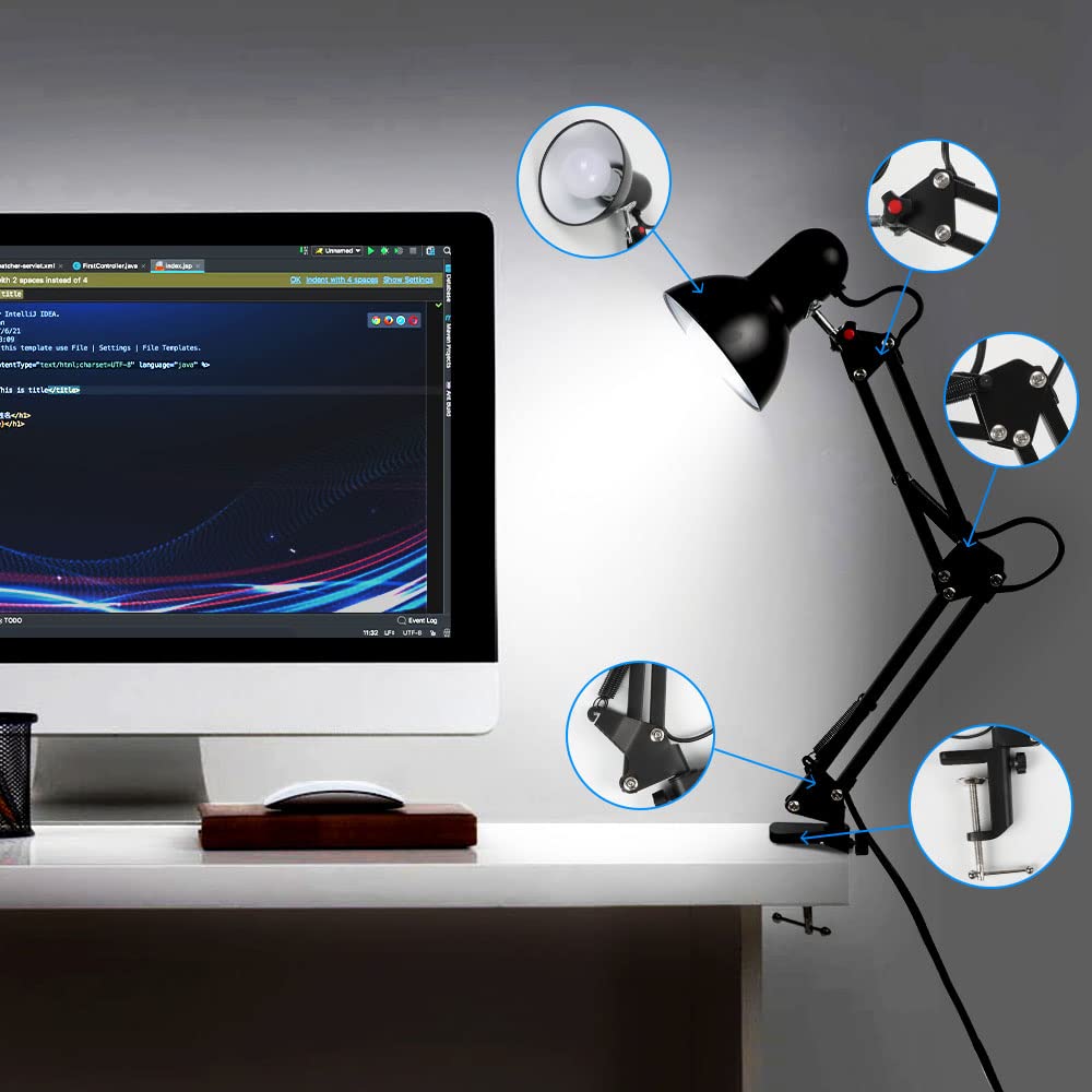 Desk Lamp,Swing Arm Desk Lamp with Clamp,Eye-Caring Reading Light,LED Bulb,79 Inch Cord,for Reading,Craft,Home,Office (Black)