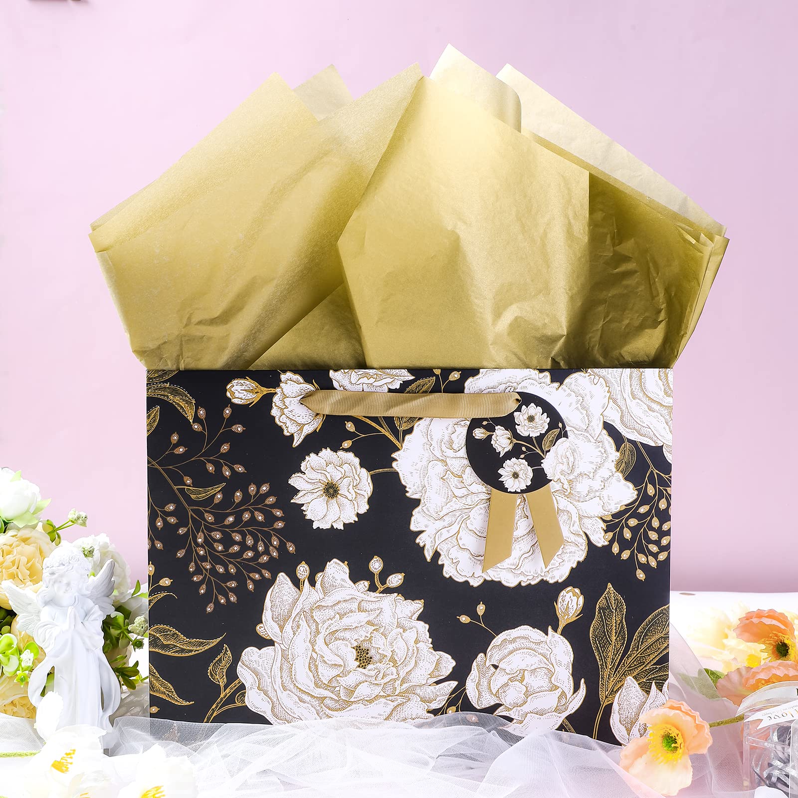 Loveinside Black and Gold Gift Bag Foil Floral with Tissue Paper for Mother's day, Birthday, Valentine's Day, Wedding, Anniversaries, Engagements - 13" x 10" x 5", 1 Pcs