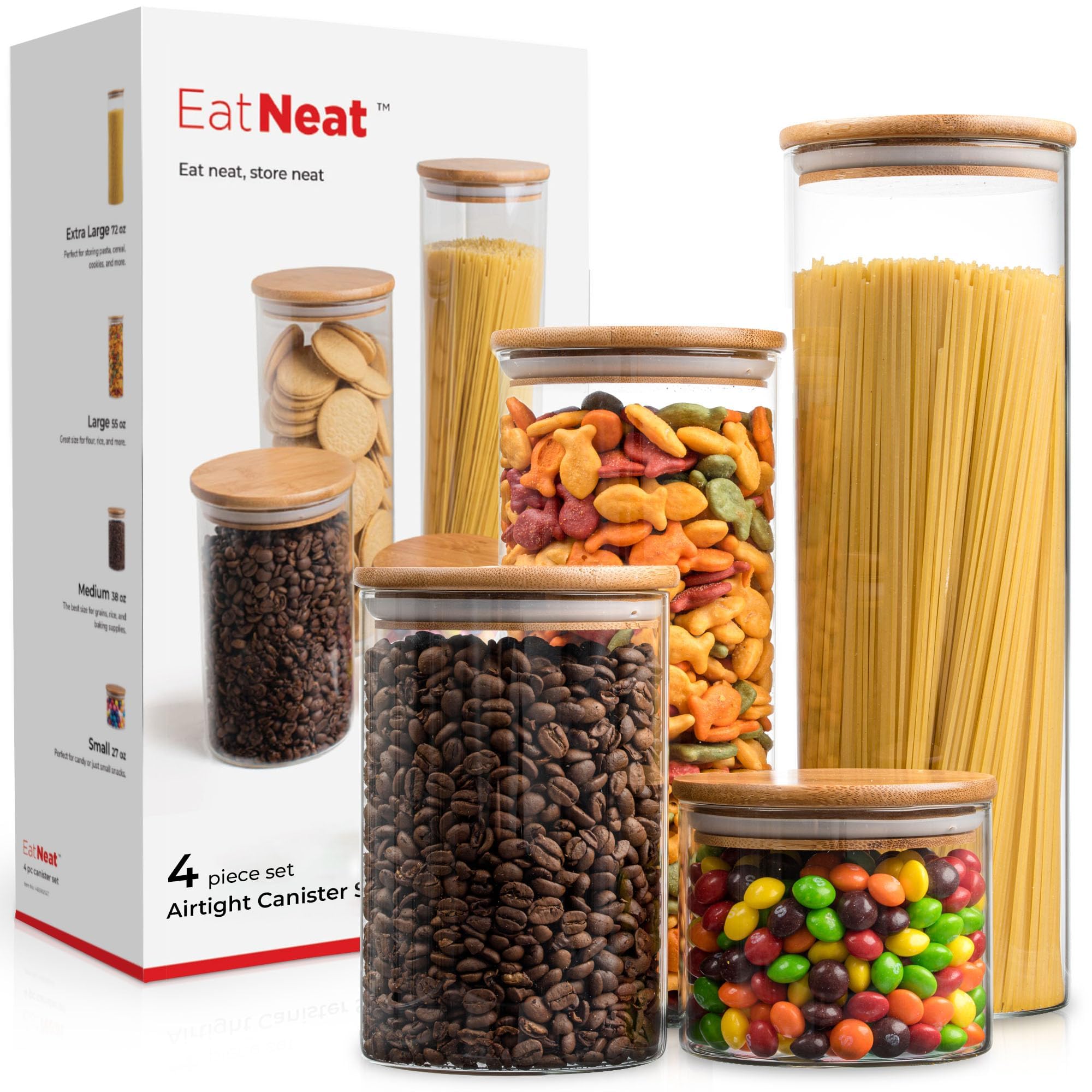 EATNEAT 4-Piece Airtight Glass Kitchen Canisters with Bamboo Lids - Bamboo Glass Storage Containers that Offer Modern Style and Clean Kitchen Organization - Includes 74, 56, 36, and 20 Ounce Sizes