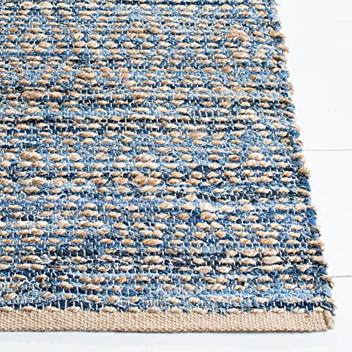 SAFAVIEH Cape Cod Collection Accent Rug - 4' x 6', Natural & Blue, Handmade Flat Weave Coastal Braided Jute, Ideal for High Traffic Areas in Entryway, Living Room, Bedroom (CAP351A)