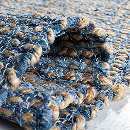 SAFAVIEH Cape Cod Collection Accent Rug - 4' x 6', Natural & Blue, Handmade Flat Weave Coastal Braided Jute, Ideal for High Traffic Areas in Entryway, Living Room, Bedroom (CAP351A)