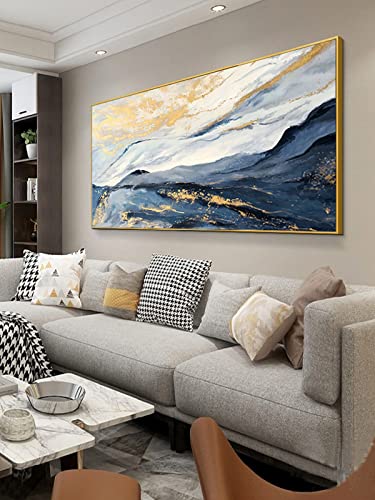 Blue and Gold Abstract Canvas Art Wall for Living Room-Framed Blue Mountain Oil Painting for Bedroom -Modern Landscape Wall Decor for Office,Kitchen Ready to Hang 20x40 inches