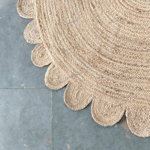 Generic 4X4, 5X5, 6X6,Feet Natural Jute Scallop Round Rug, Floor Scalloped Edge Rug Braided Boho Eco Large Circular Handmade Area Rugs (Natural, 5X5 Ft Round Rug)