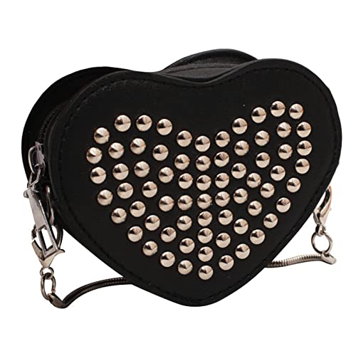 Cute Heart Shaped Mini Crossbody Bags for Women Girls Small Round Purse PU Leather Mini Shoulder Bag with Bling Rivets & Chain Strap (Black,Heart Shaped)