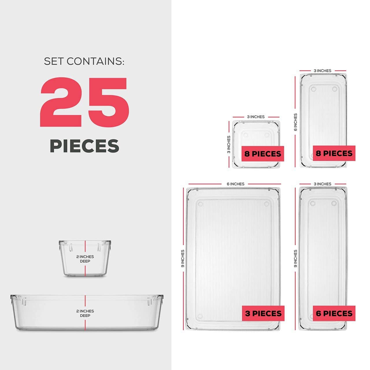 25 Pcs Drawer Organizer Set Dresser Desk Drawer Dividers - 4 Size Bathroom Vanity Cosmetic Makeup Trays - Multipurpose Clear Plastic Storage Bins for Jewelries, Kitchen Gadgets and Office Accessories